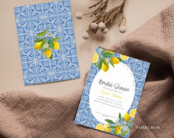 Lemon Bridal Shower Invitation Template Italian Blue Tiles - Etsy