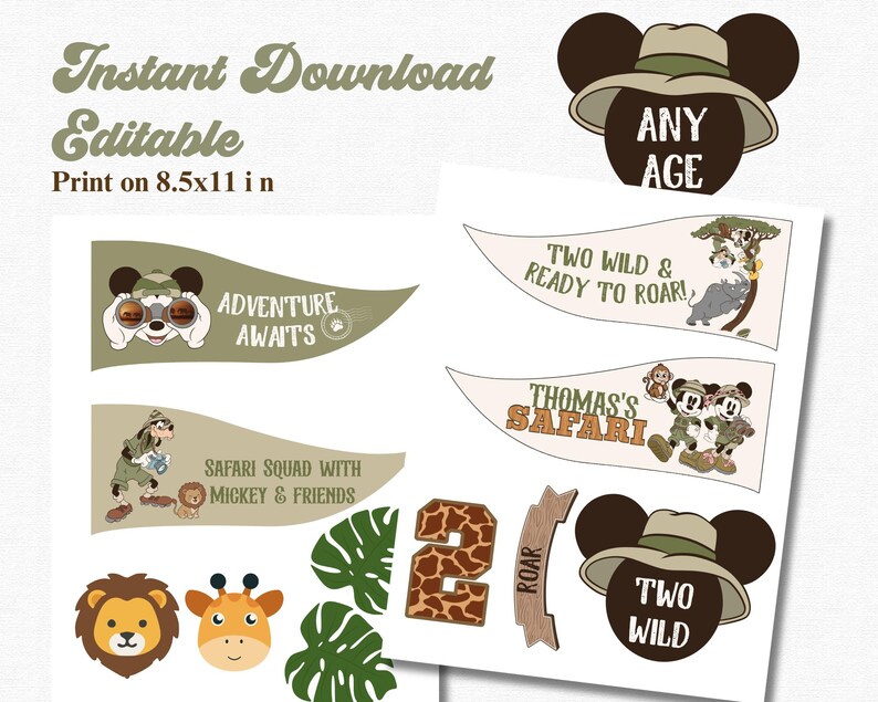 Mickey Safari Birthday Pennants, Jungle Party Decor Flags, Editable ...