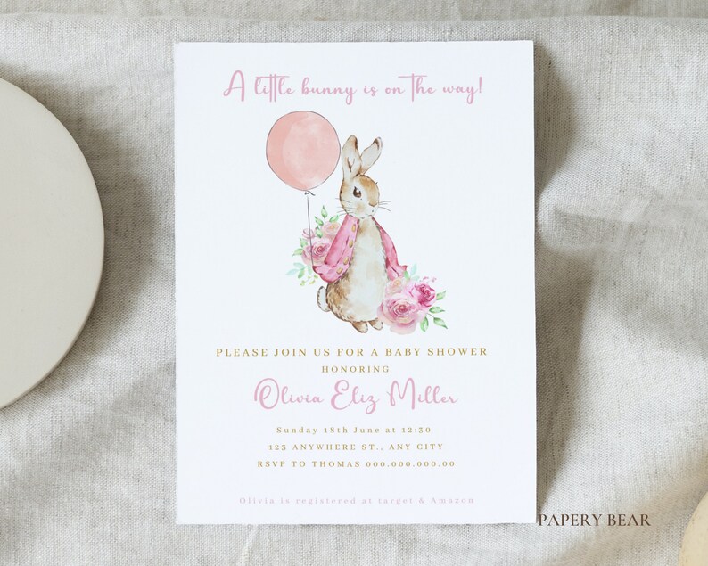 Editable Girl Peter Rabbit Baby Shower Invitation, Peter Rabbit Invitation, Baby Shower ...