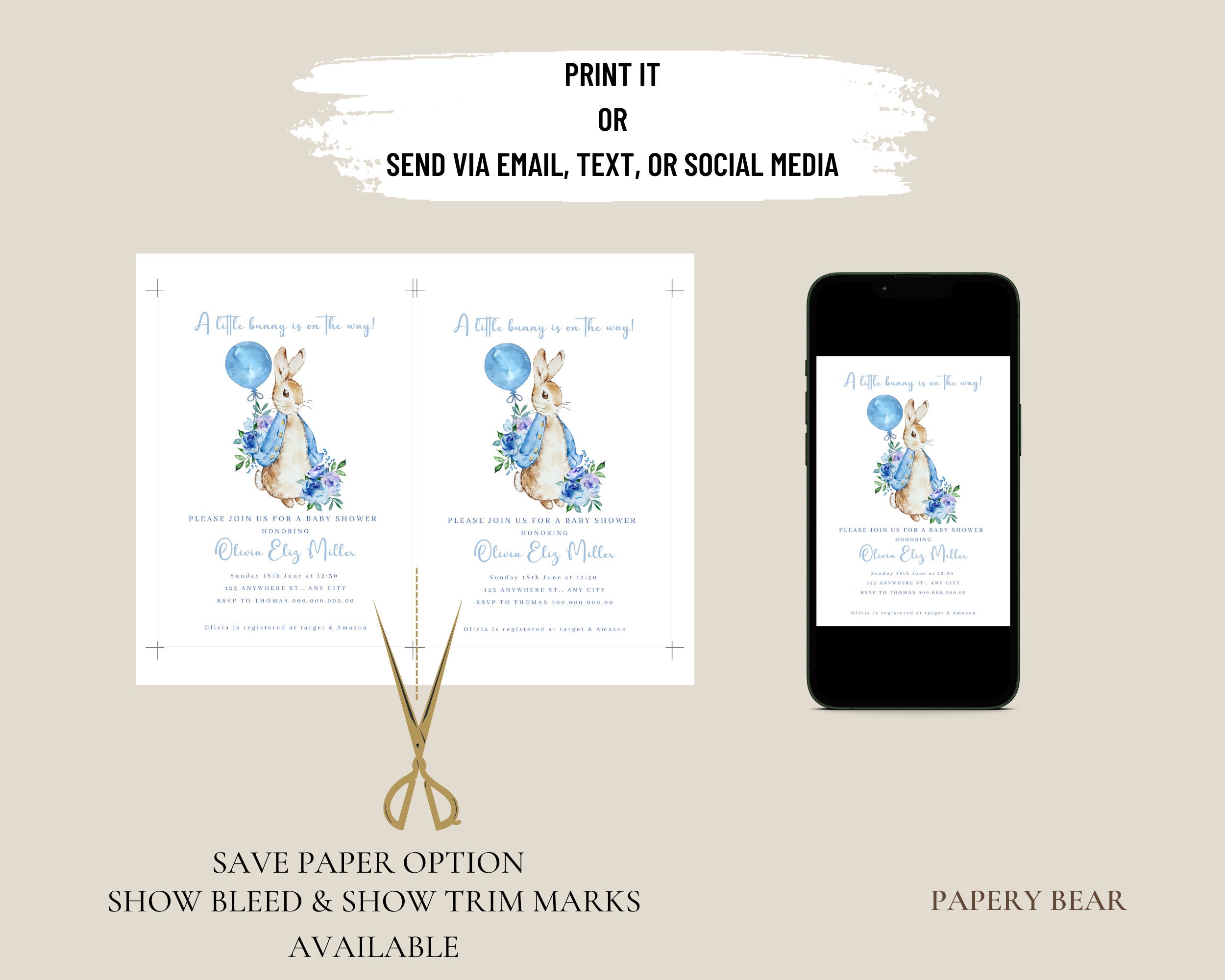 Editable Boy Peter Rabbit Baby Shower Invitation, Peter Rabbit ...
