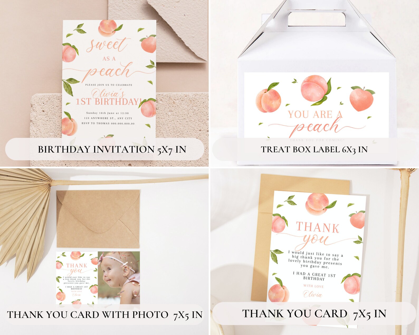 Peach Birthday Invitation Bundle, Girl 1st Birthday Party Decor ...
