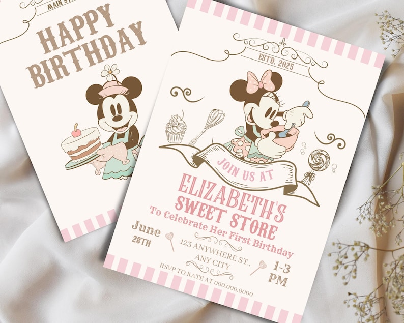 Invitación de cumpleaños editable de Minnie Mouse / Fiesta en la tienda ...