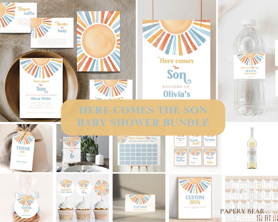 Editable Sunshine Baby Shower Bundle, Here Come the Son Bundle ...