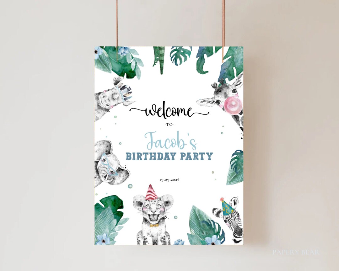 Editable Zoo Jungle Animals Welcome Sign, Party Animals Birthday Banner ...