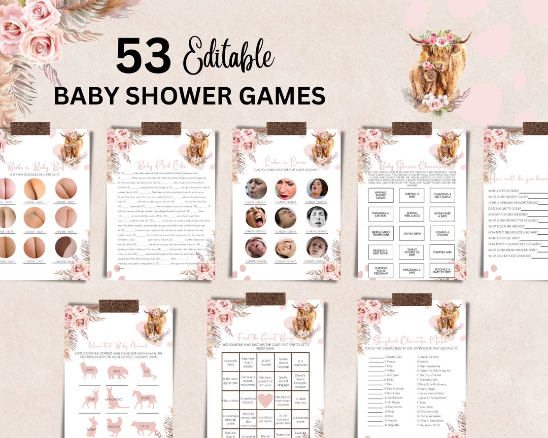 Editable Holy Cow Girl Baby Shower Game Bundle, Highland Cow Girl Baby ...