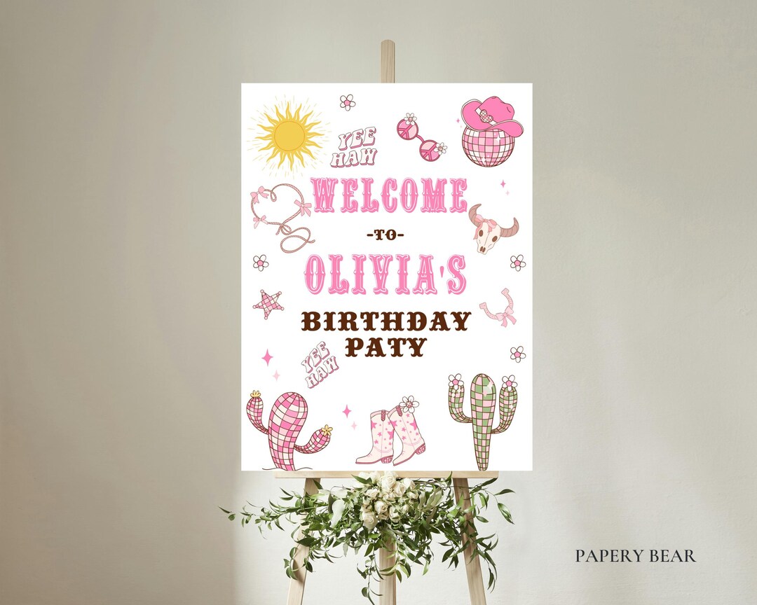 Editable Cowgirl Birthday Welcome Sign, Disco Western Birthday Decor ...