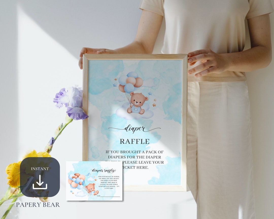 Ballon Bear Diaper Raffle Sign and Tickets, Teddy Bear Baby Shower ...