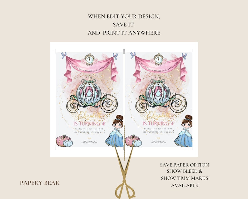 Editable Cinderella Invitation, Princess Birthday Invitation, Princess ...