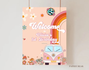 Editable Groovy Van Party Decor Welcome Sign Daisy Groovy Rainbow Blue ...