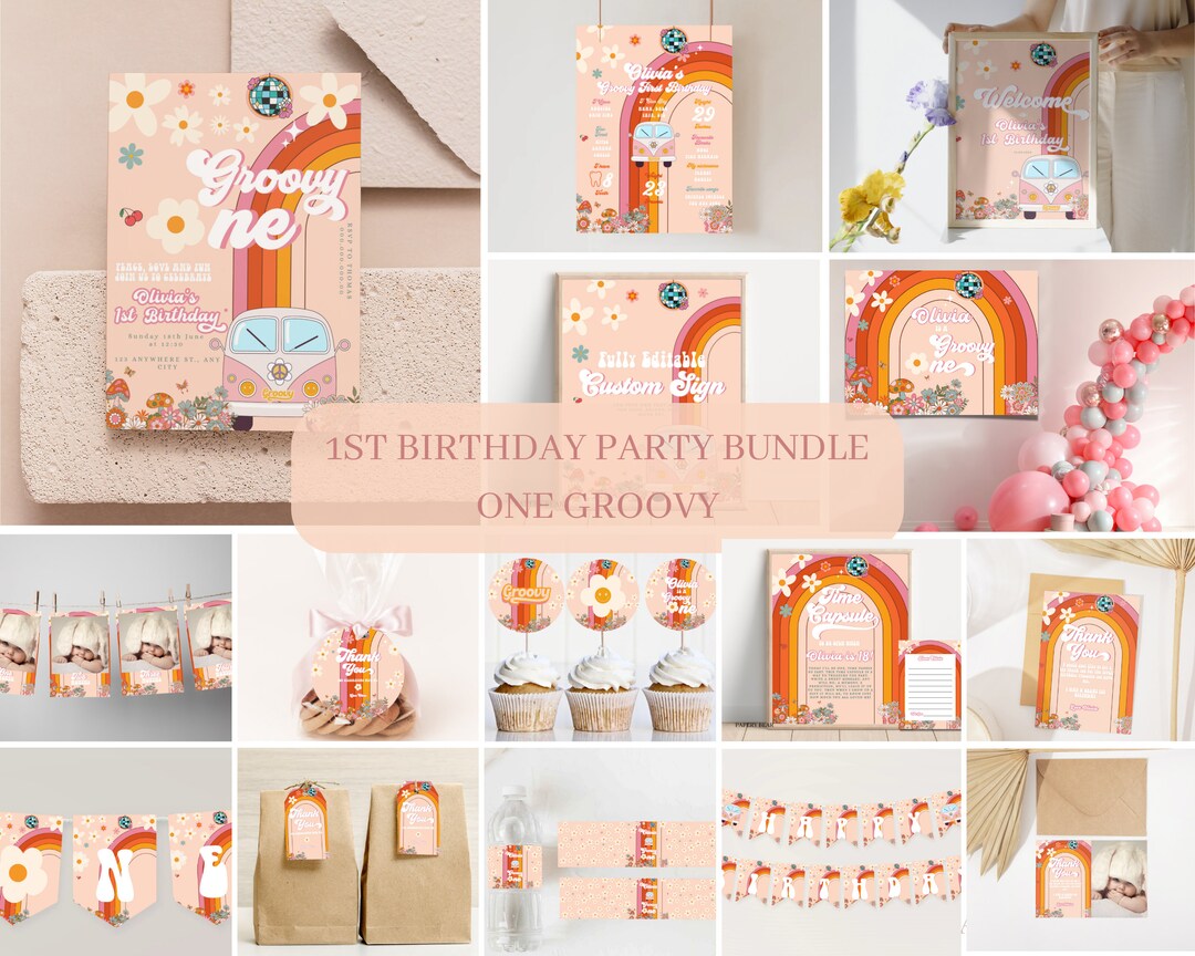 Groovy One Birthday Invitation Bundle, Editable Birthday Retro Package ...