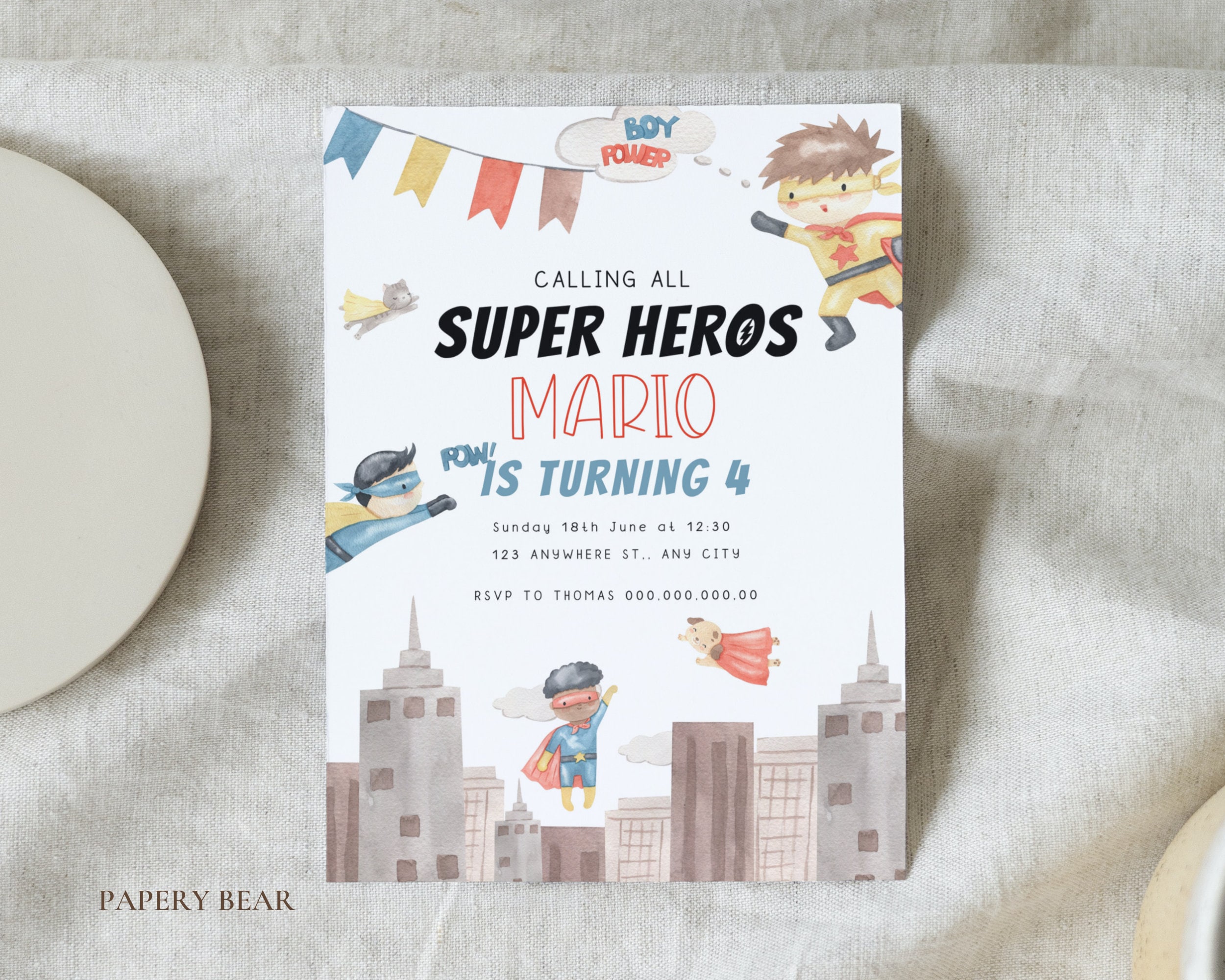 Editable Superhero Invitation, Superhero Birthday, Watercolor Superhero ...