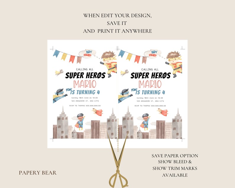 Editable Superhero Invitation, Superhero Birthday, Watercolor Superhero ...