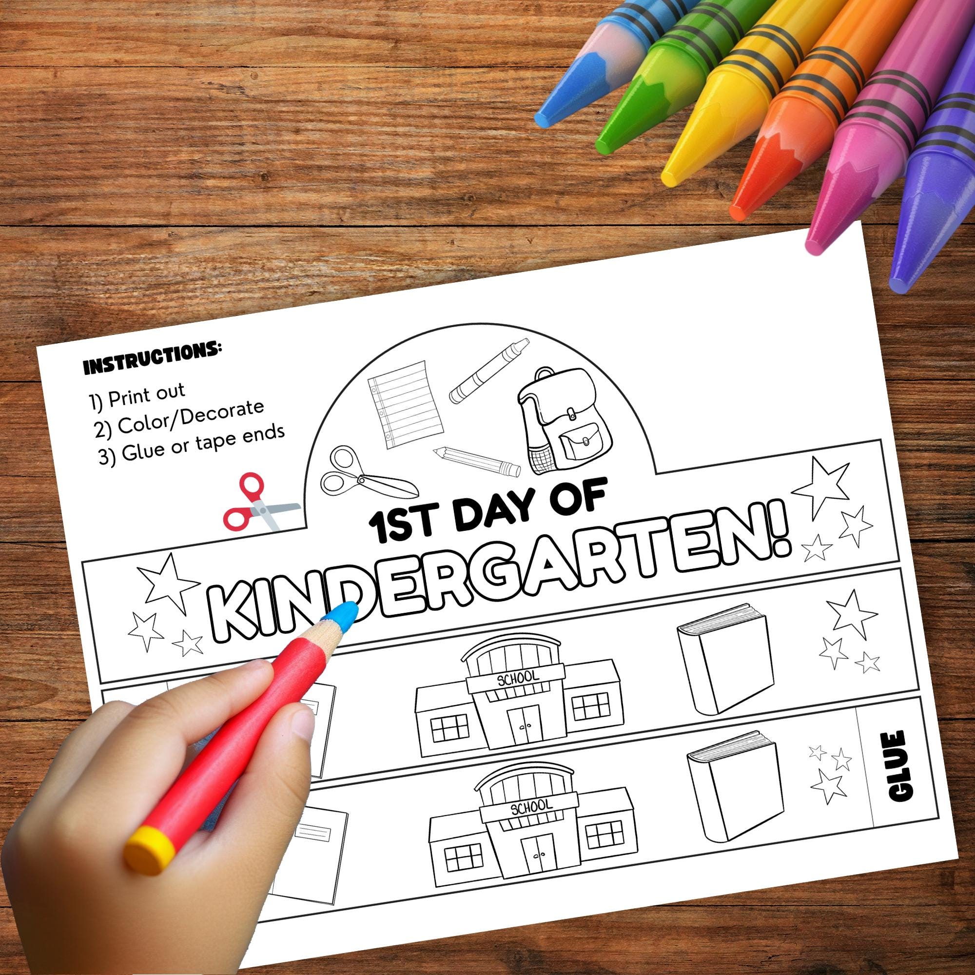 First Day of Kindergarten Coloring Starter Kit, Paper Crown Headband ...