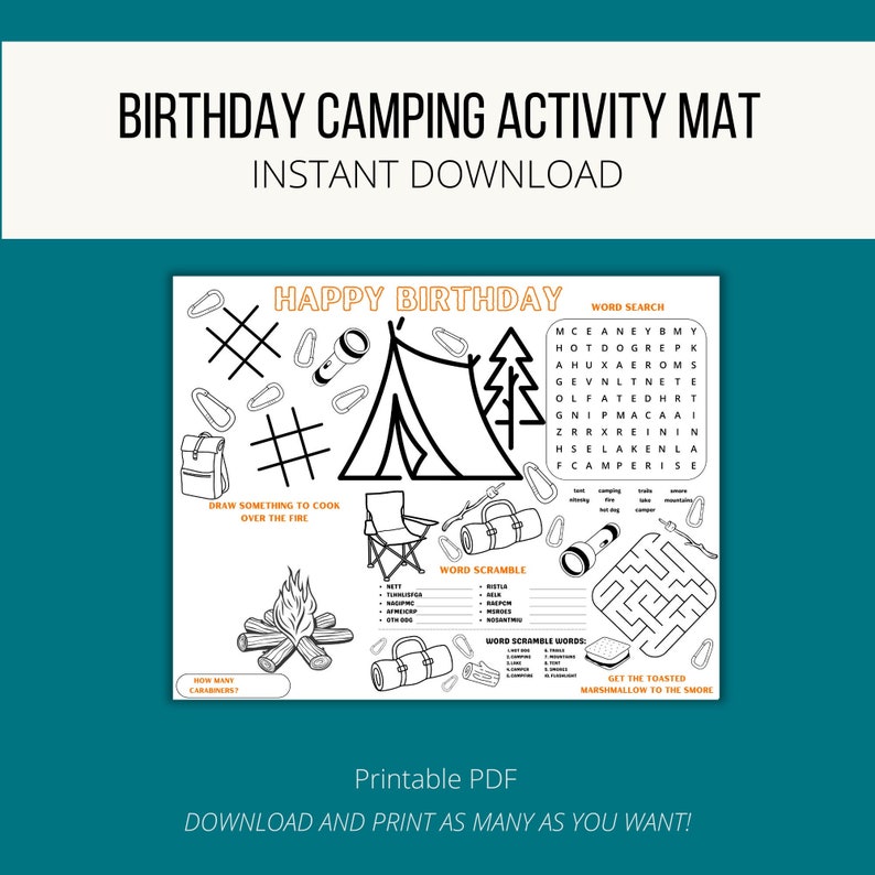 Camping Birthday Activity Placemat | Camping Coloring Placemat for Kids ...