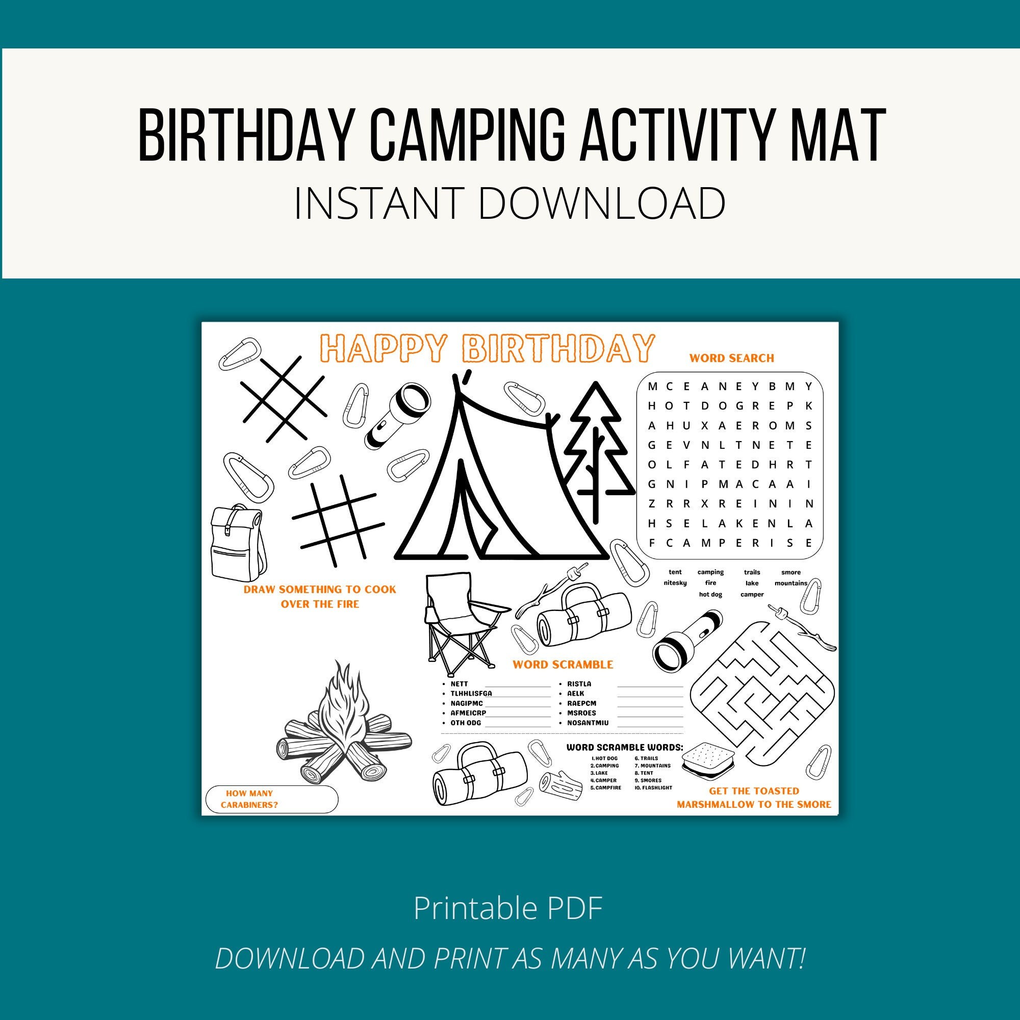 Camping Birthday Activity Placemat | Camping Coloring Placemat for Kids ...