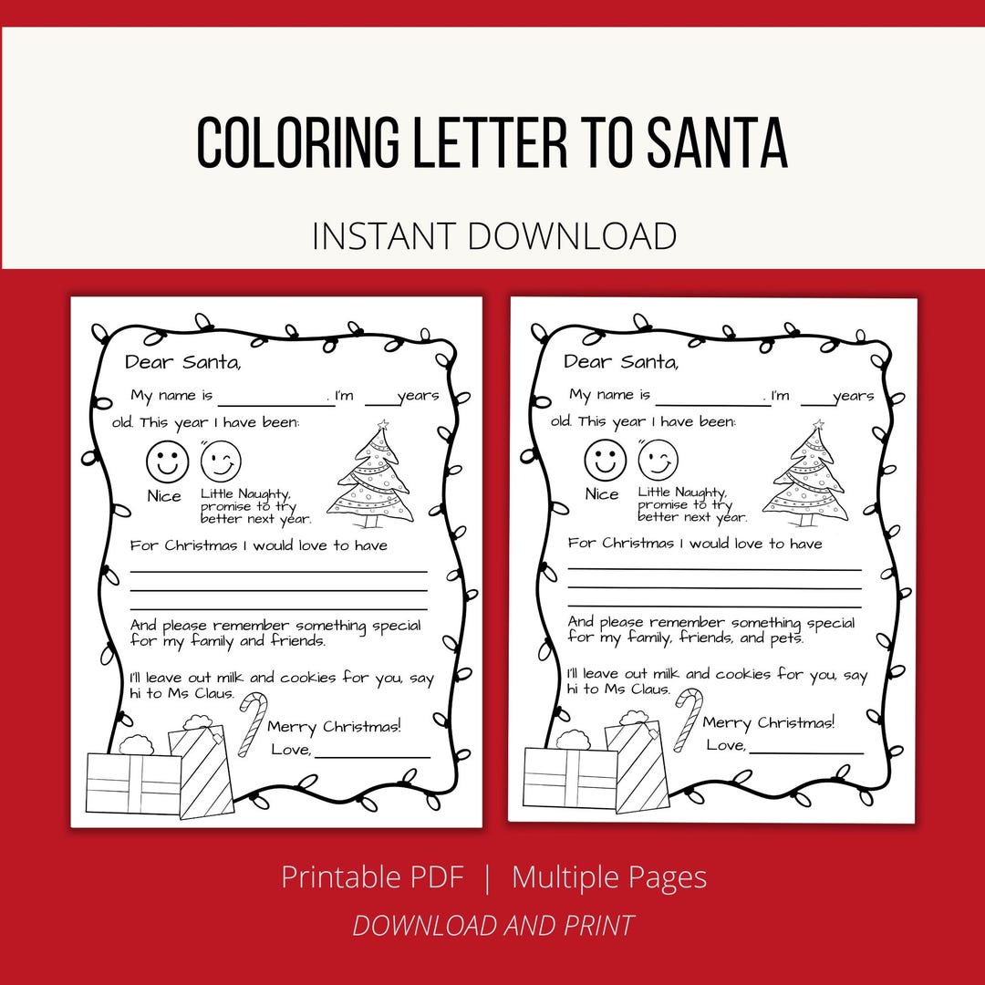 Letter to Santa Kids Coloring Page Activity for a Christmas Wish List ...
