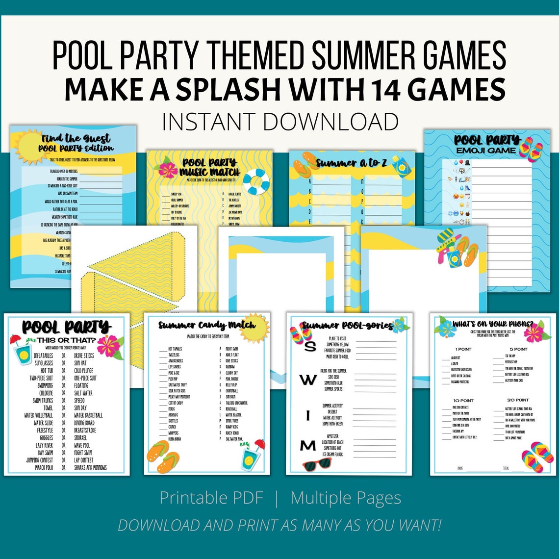 Pool Party Themed Printable Games Printable Summertime Party Bundle ...