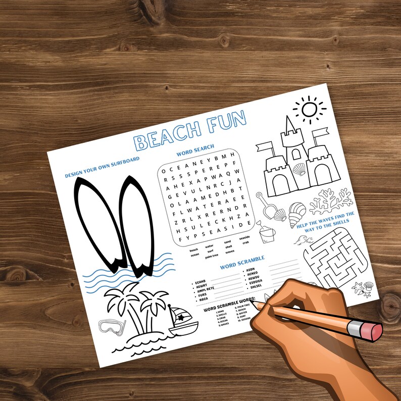 Beach Activity Placemat | Sand Castle Coloring Placemat for Kids | Surf ...