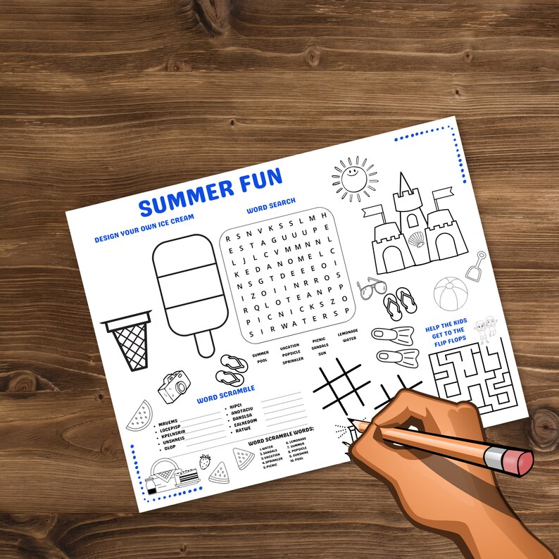 Summer Fun Activity Placemat | Coloring Placemat for Kids | Beach Fun ...