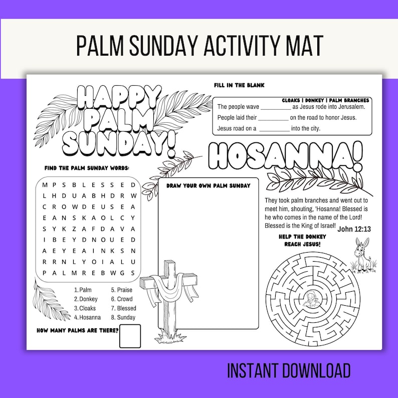 Palm Sunday Activity Game Placemat for Kids, Sunday School Unit ...