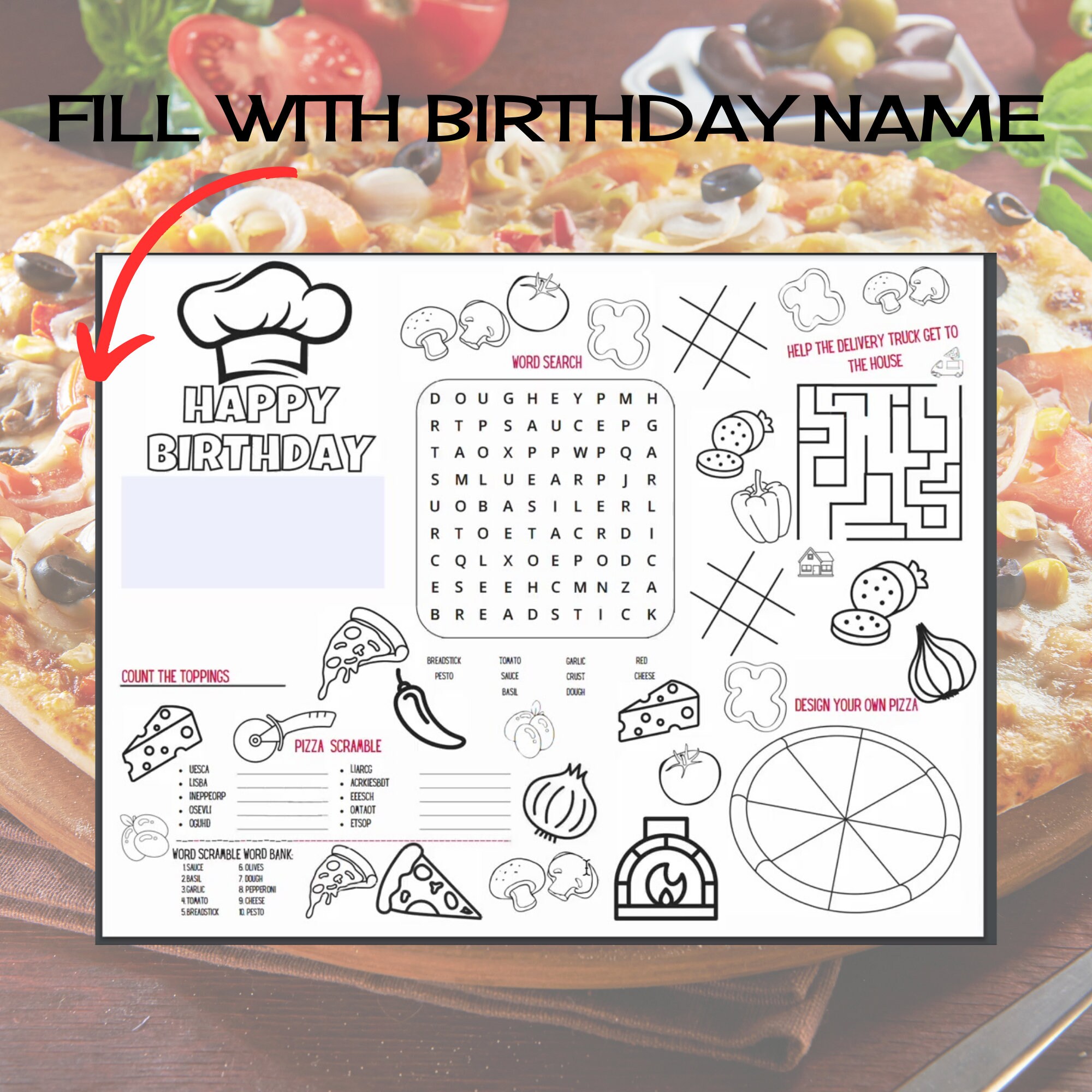 Personalized Pizza Kid Activity Birthday Party Placemat | Customize ...