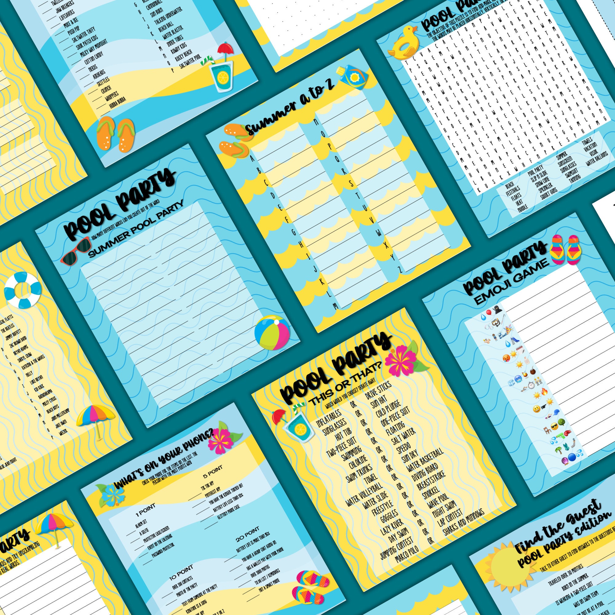 Pool Party Themed Printable Games Printable Summertime Party Bundle ...