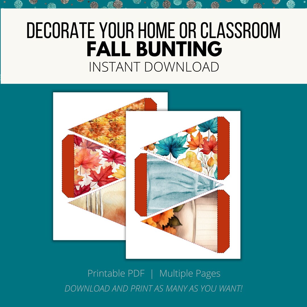 Printable Fall Flag Bunting in Orange, Teal, Yellows; to Decorate Your ...
