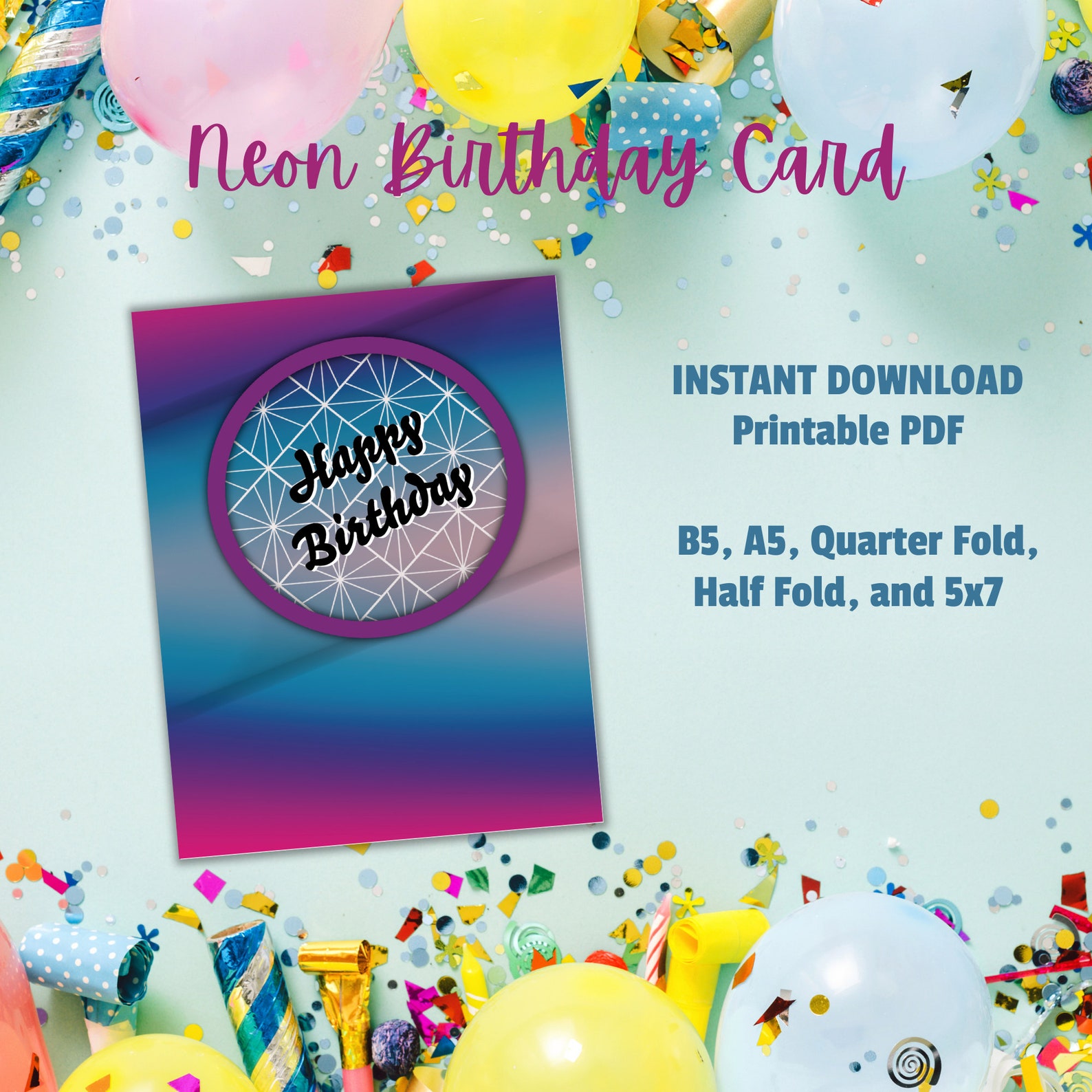 Printable Happy Birthday Card | Neon 80s Feel B-day Card | Printable Pink Purple Birthday Card ...