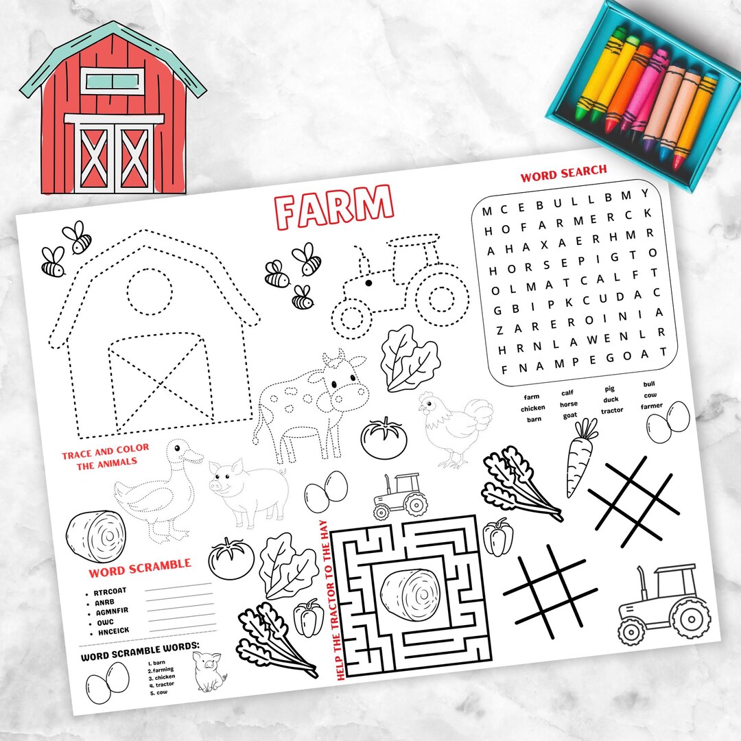 Farm Animal Activity Placemat, Farm Tractor Coloring Placemat for Kids ...