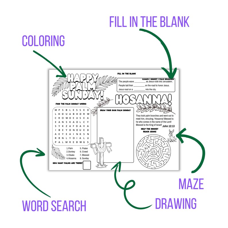 Palm Sunday Activity Game Placemat for Kids, Sunday School Unit ...