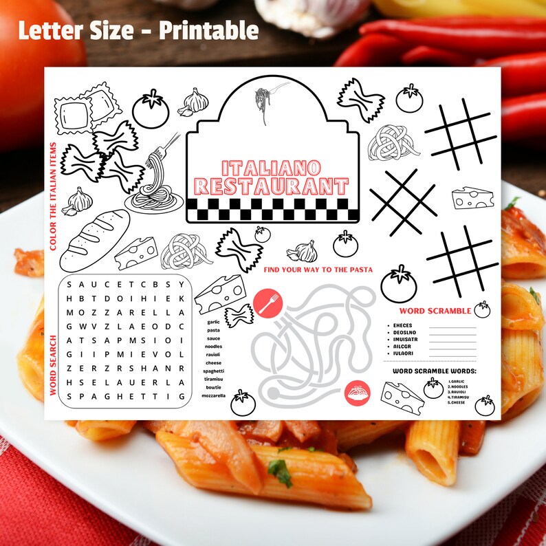 Personalized Pasta Night Activity Placemat Customize Pasta Restaurant ...