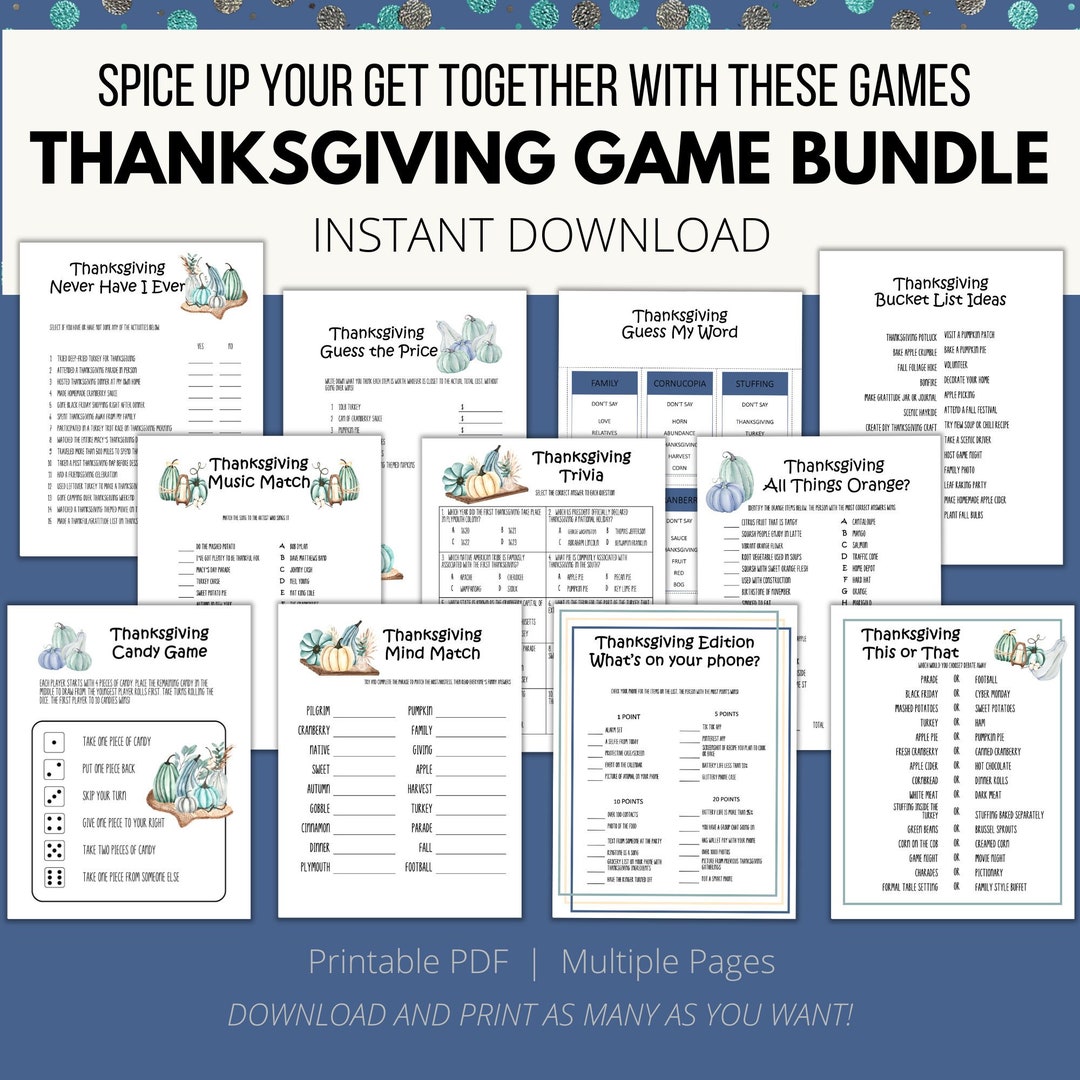 Modern Blue Thanksgiving Activity Family Bundle Printable, 33 Printable ...