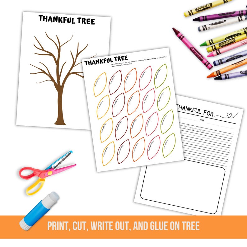 Thankful Tree DIY Cut and Paste Craft Project, Thanksgiving Bundle for ...