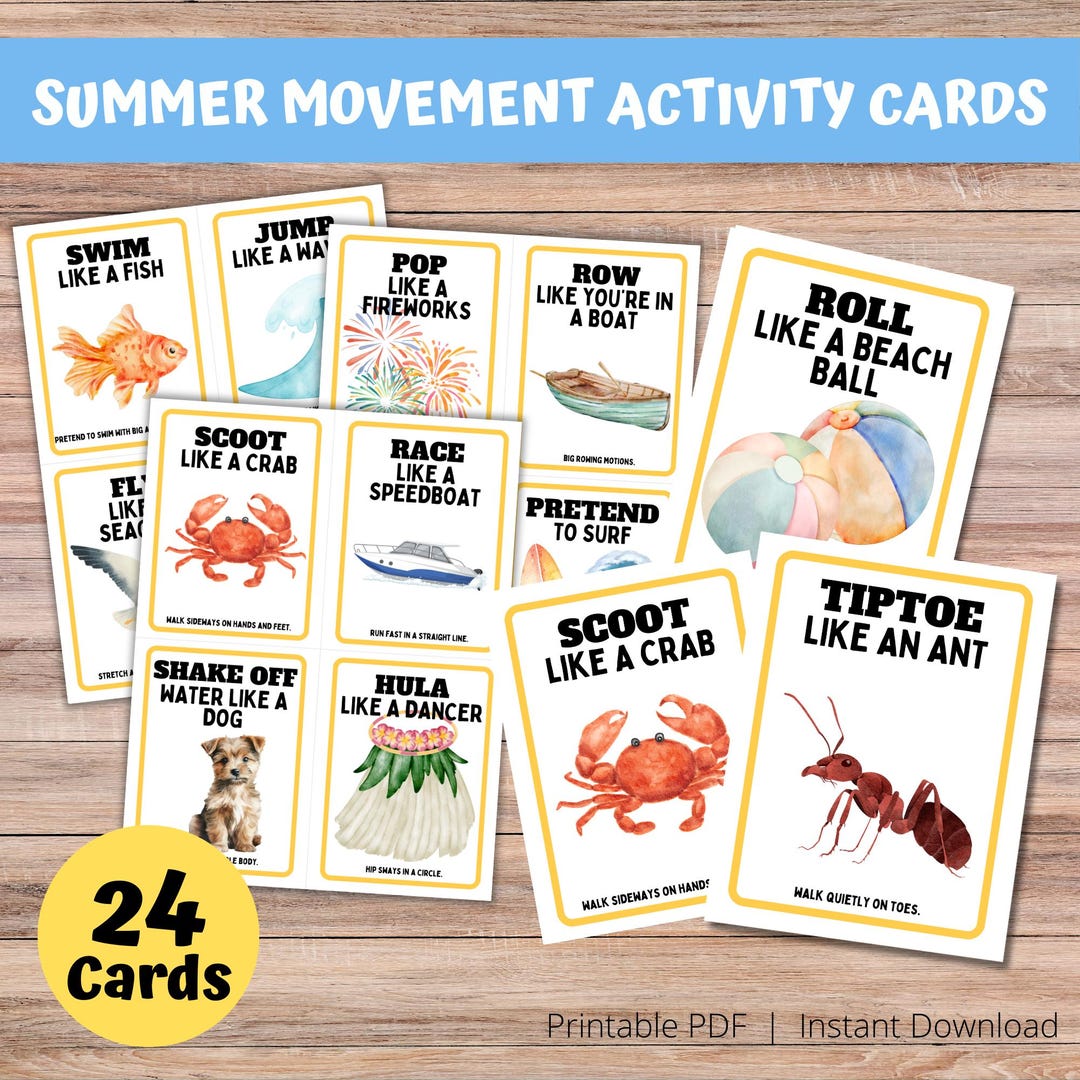 Summer Kid Movement Exercise Activity Cards, Summertime Action Cards ...