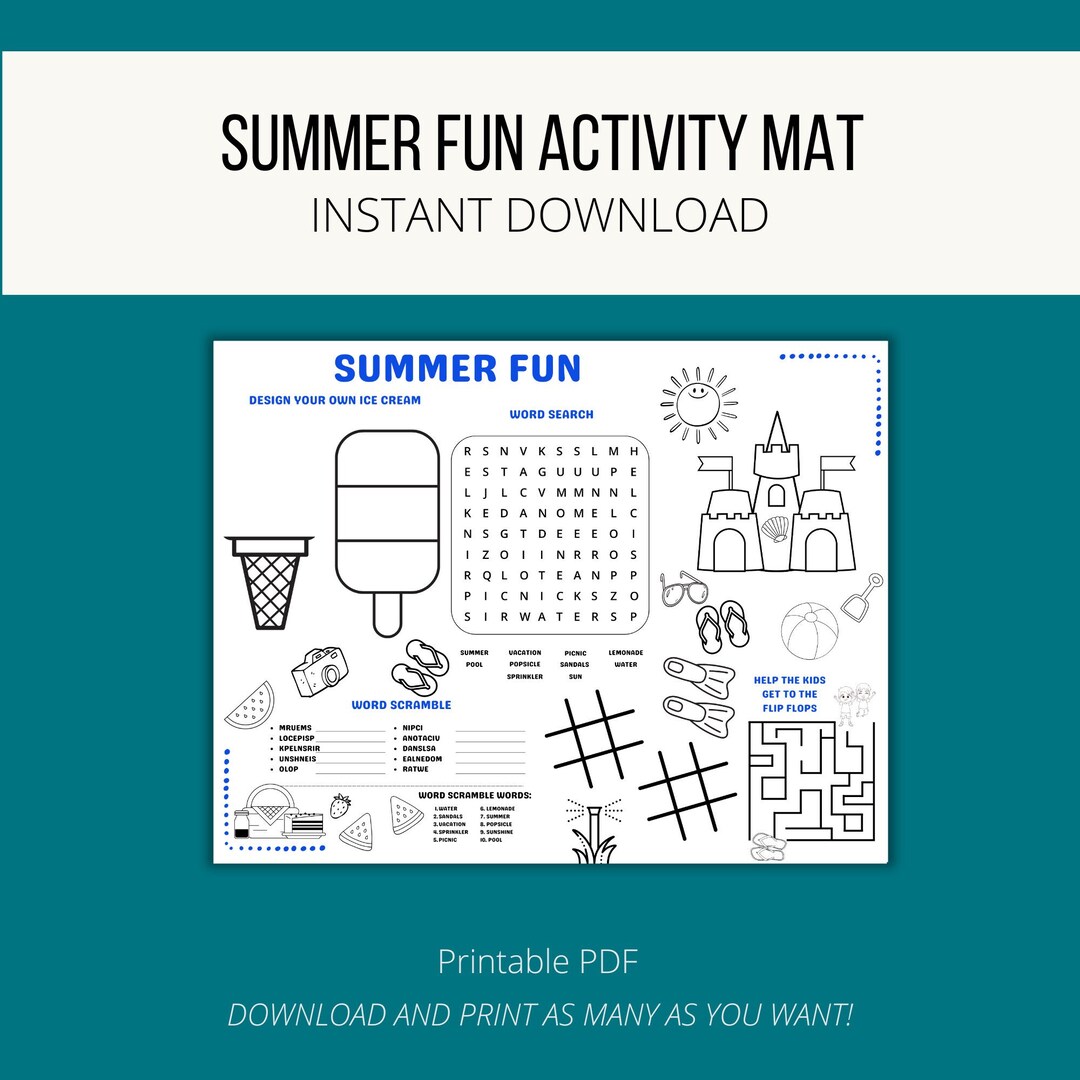Summer Fun Activity Placemat | Coloring Placemat for Kids | Beach Fun ...