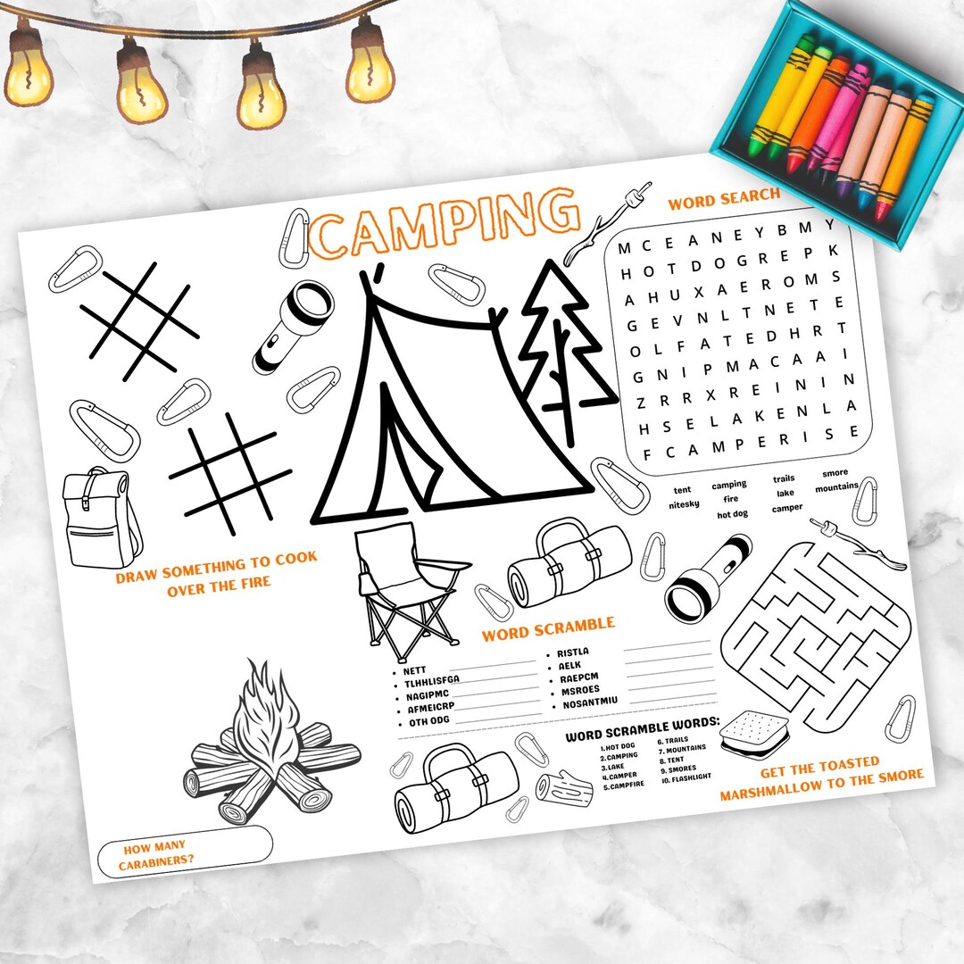 Camping Activity Placemat, Camping Tent Coloring Table Mat for Kids ...