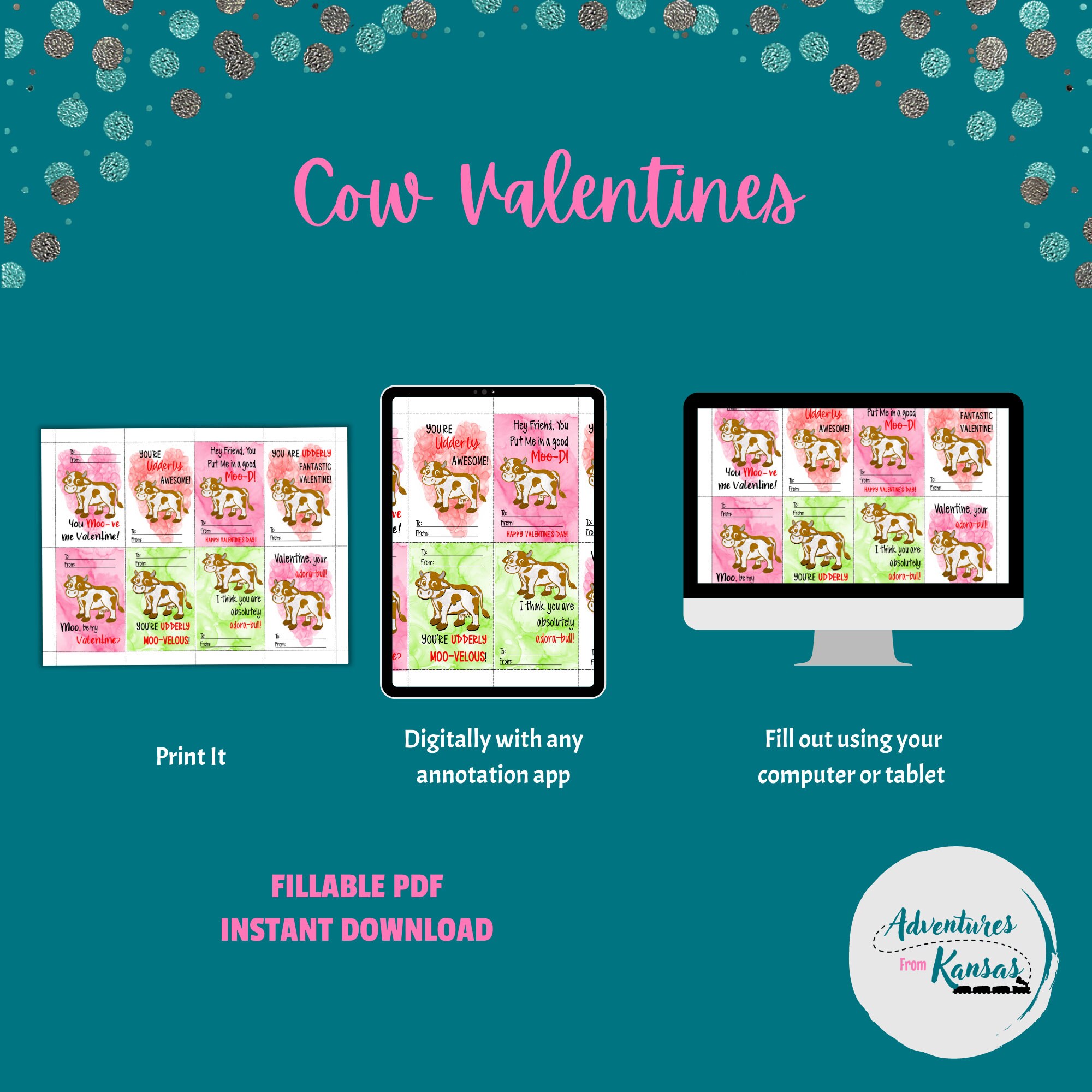 FILLABLE Printable Funny Cow Classroom Valentines Kids Cow Valentines ...