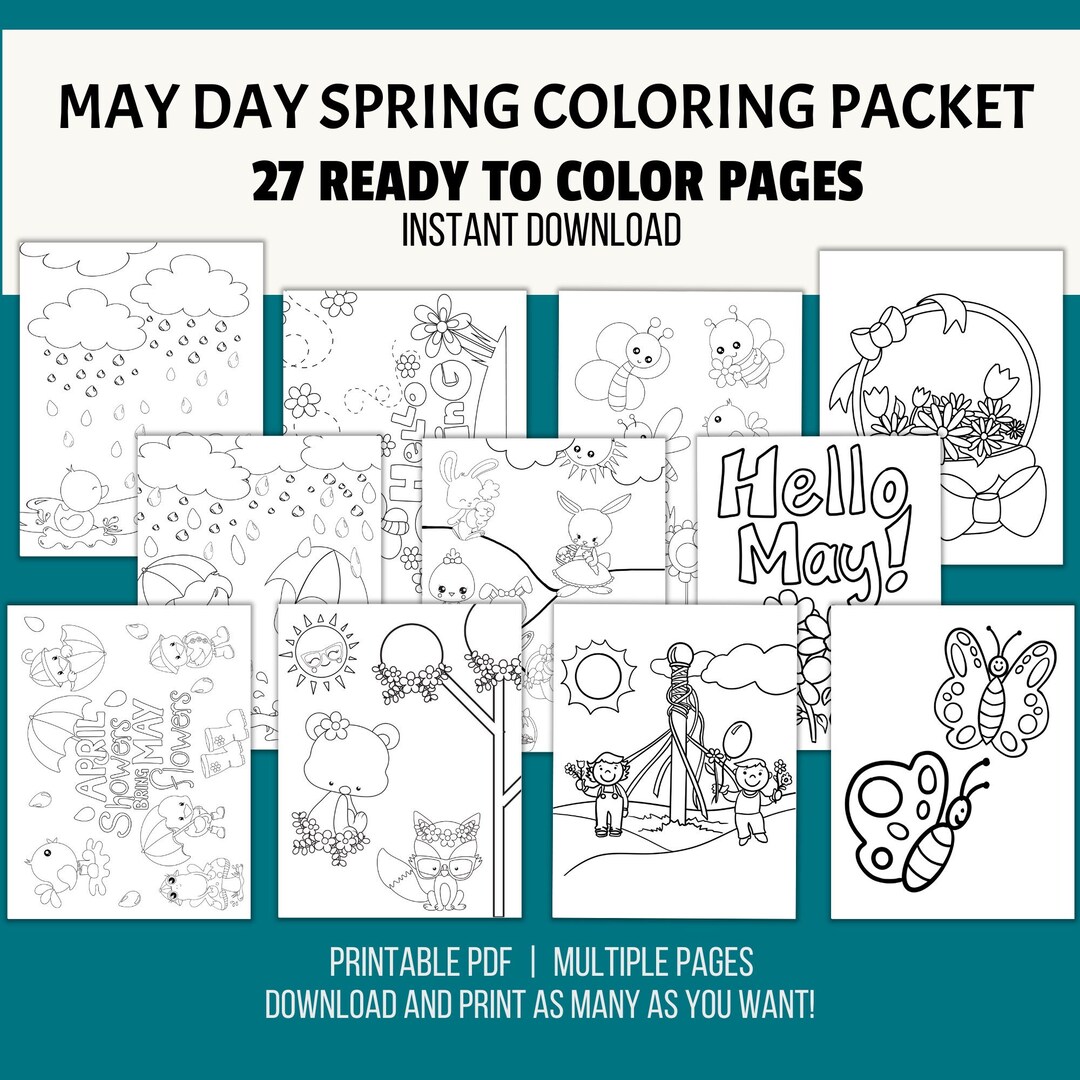 May Day Coloring Pages With May Pole, May Basket, Flowers, and Spring ...