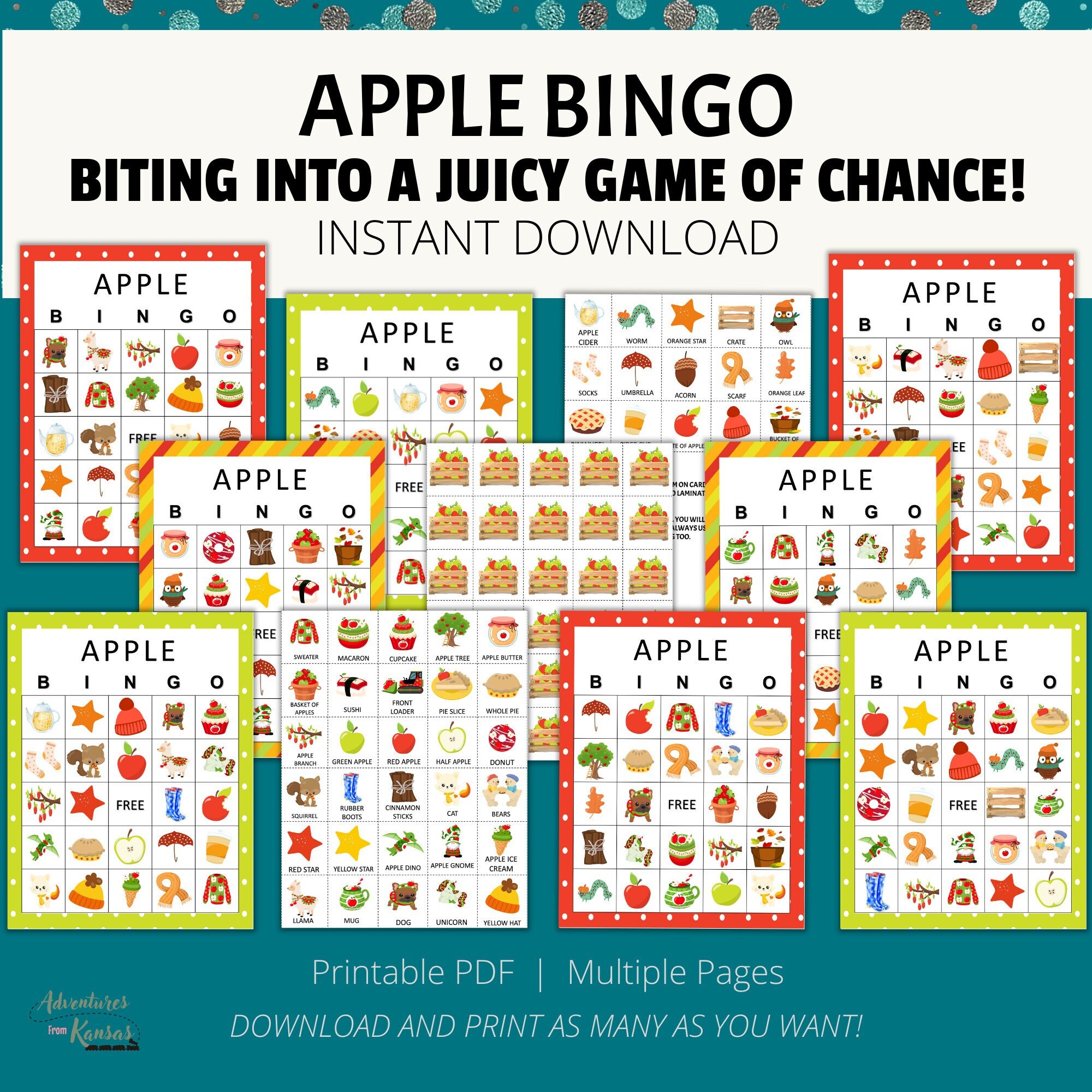 Apple Bingo Printable for Classrooms, Senior Activities, School, Family ...