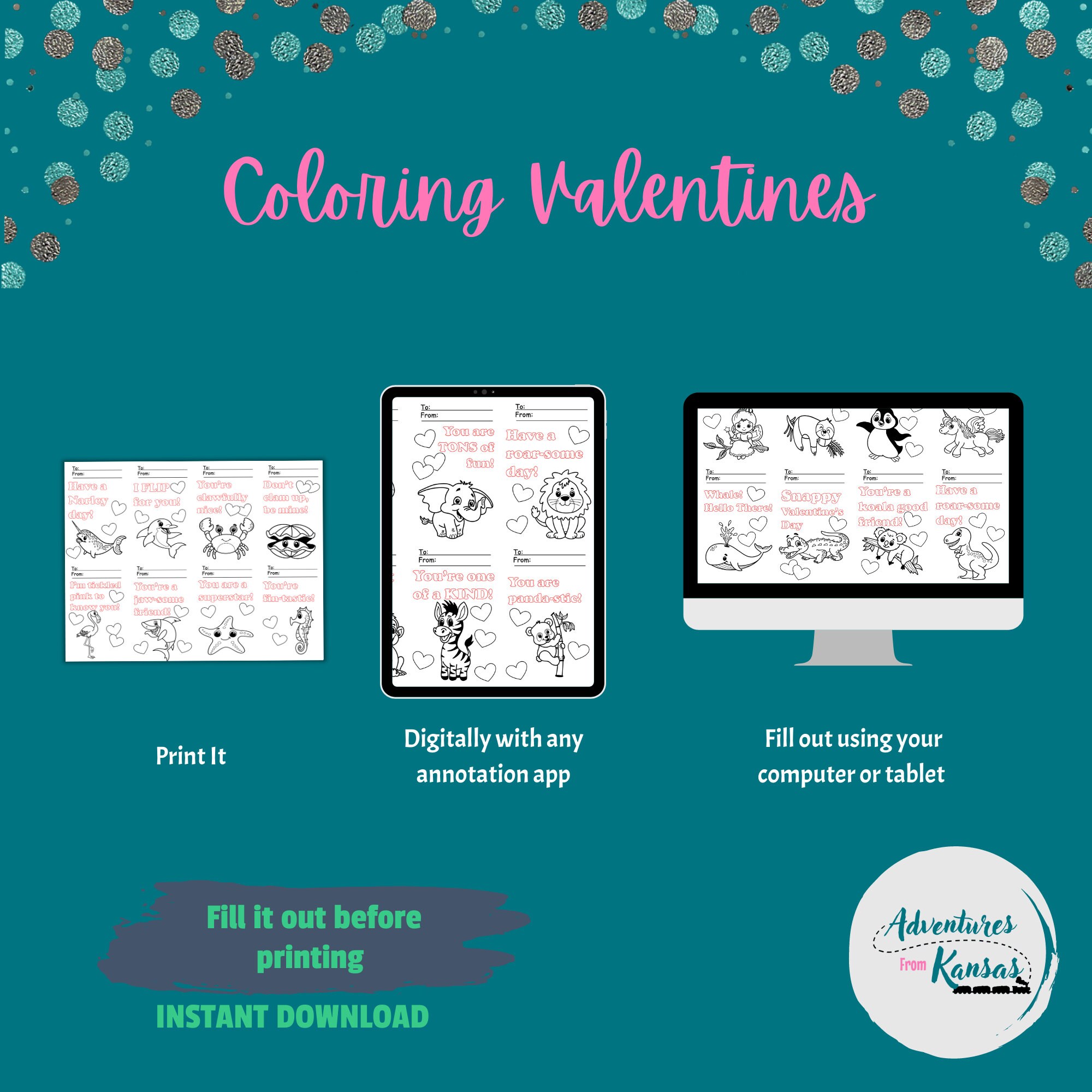 Coloring Printable Classroom Valentines Funny Animal Fillable ...