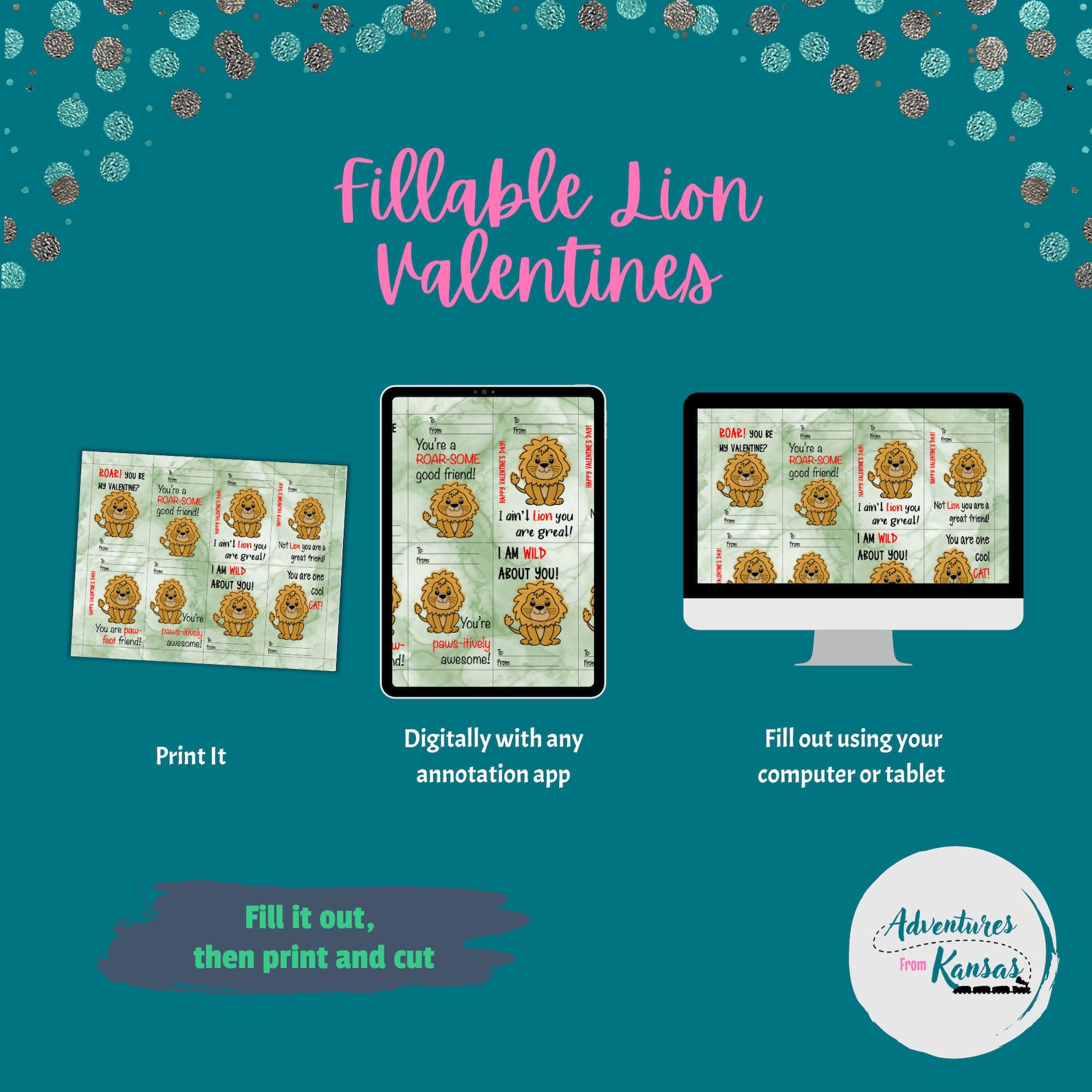 Lion Printable Classroom Valentines Funny Lion Valentines FILLABLE Cute ...
