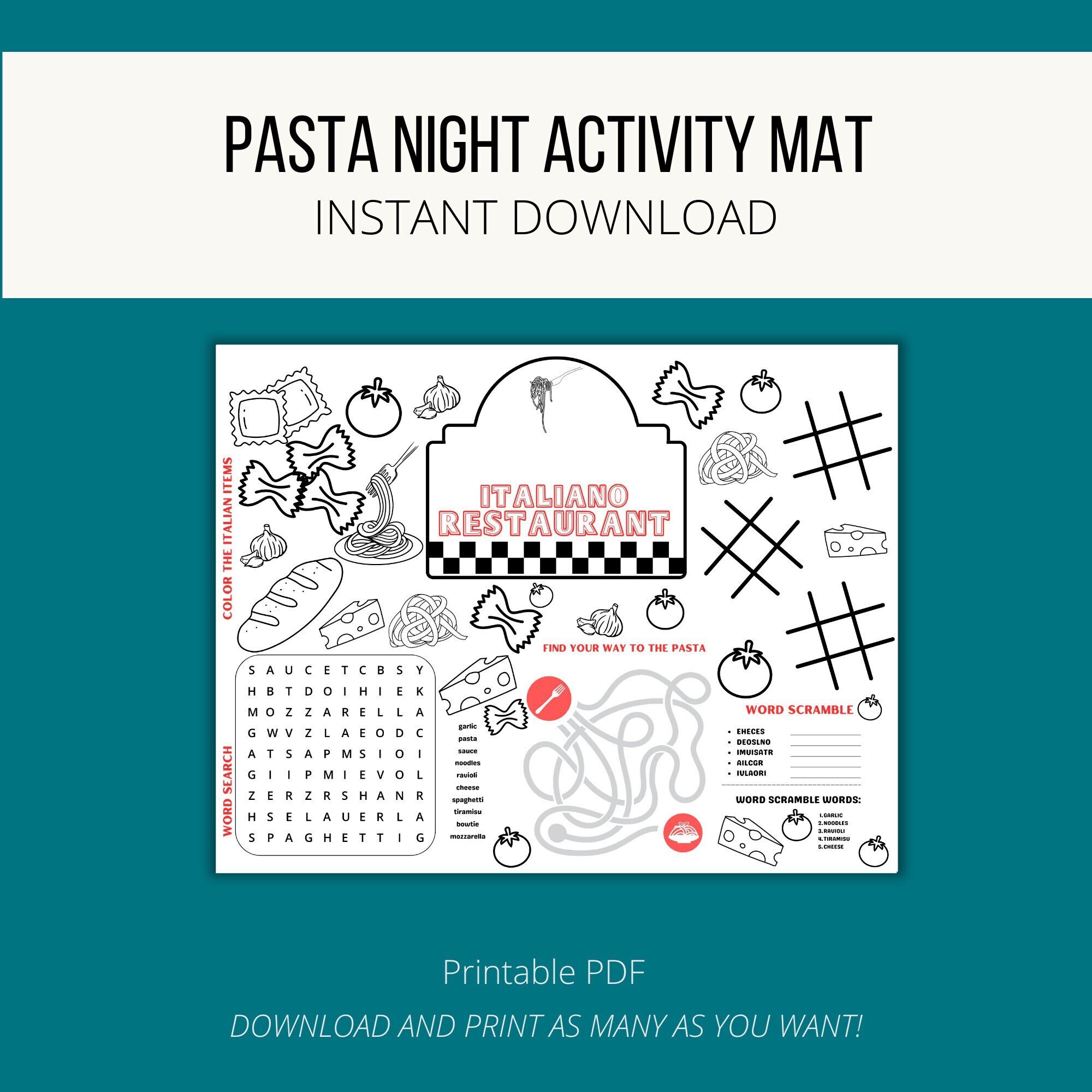 Personalized Pasta Night Activity Placemat Customize Pasta Restaurant ...
