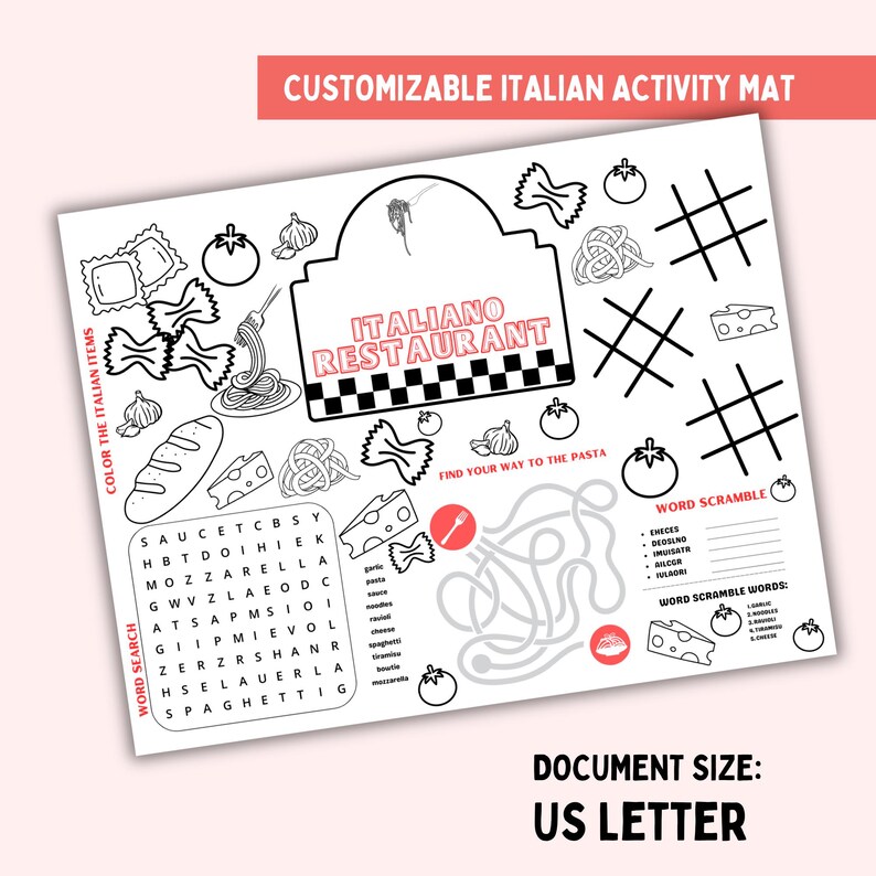 Spaghetti Pasta Night Personalize Activity Italian Unit Placemat ...