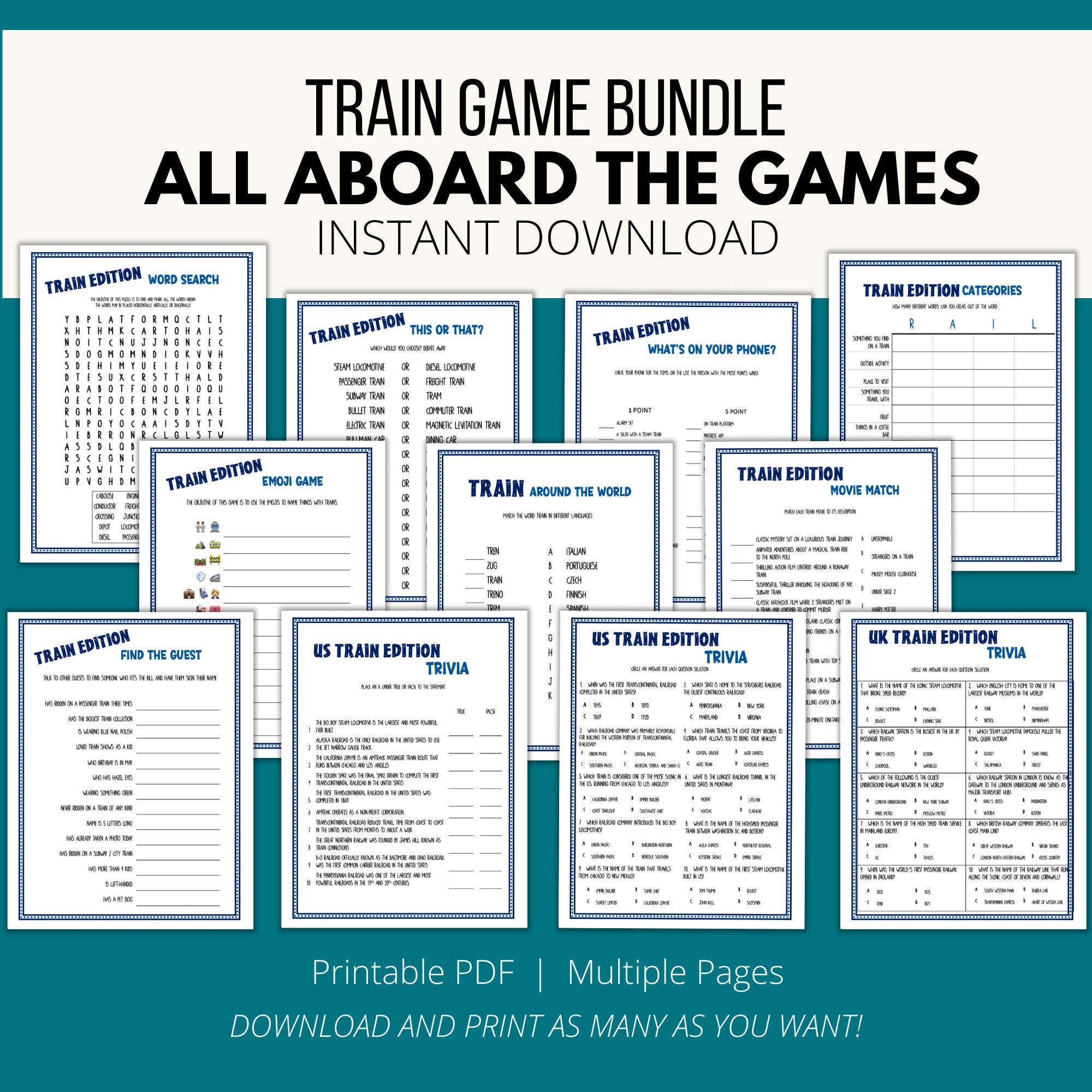 Train Activity Game Bundle | 40 Train Themed Printable Games for Family ...