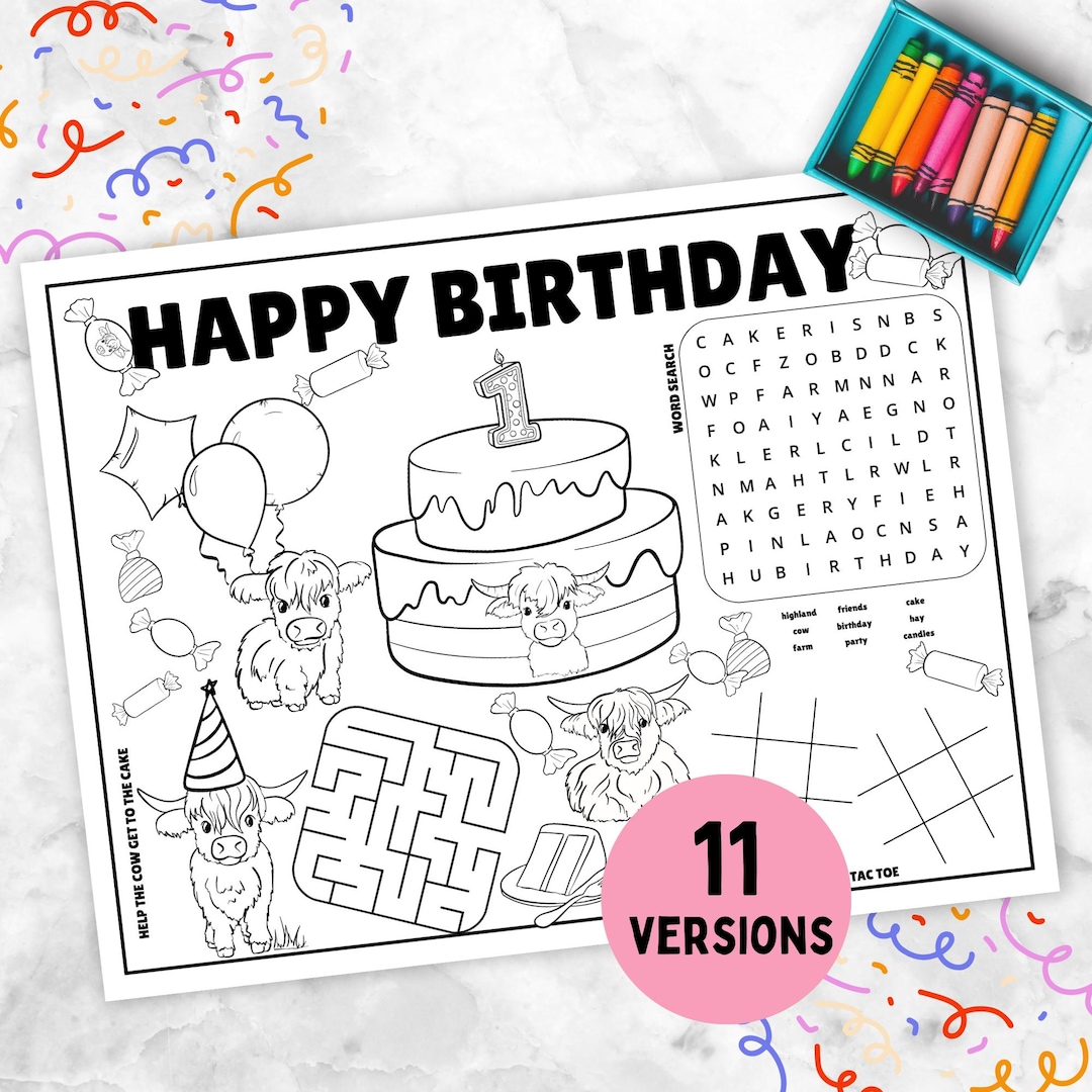 Highland Cow Birthday Activity Placemat, Farm Coloring for Kids Table ...