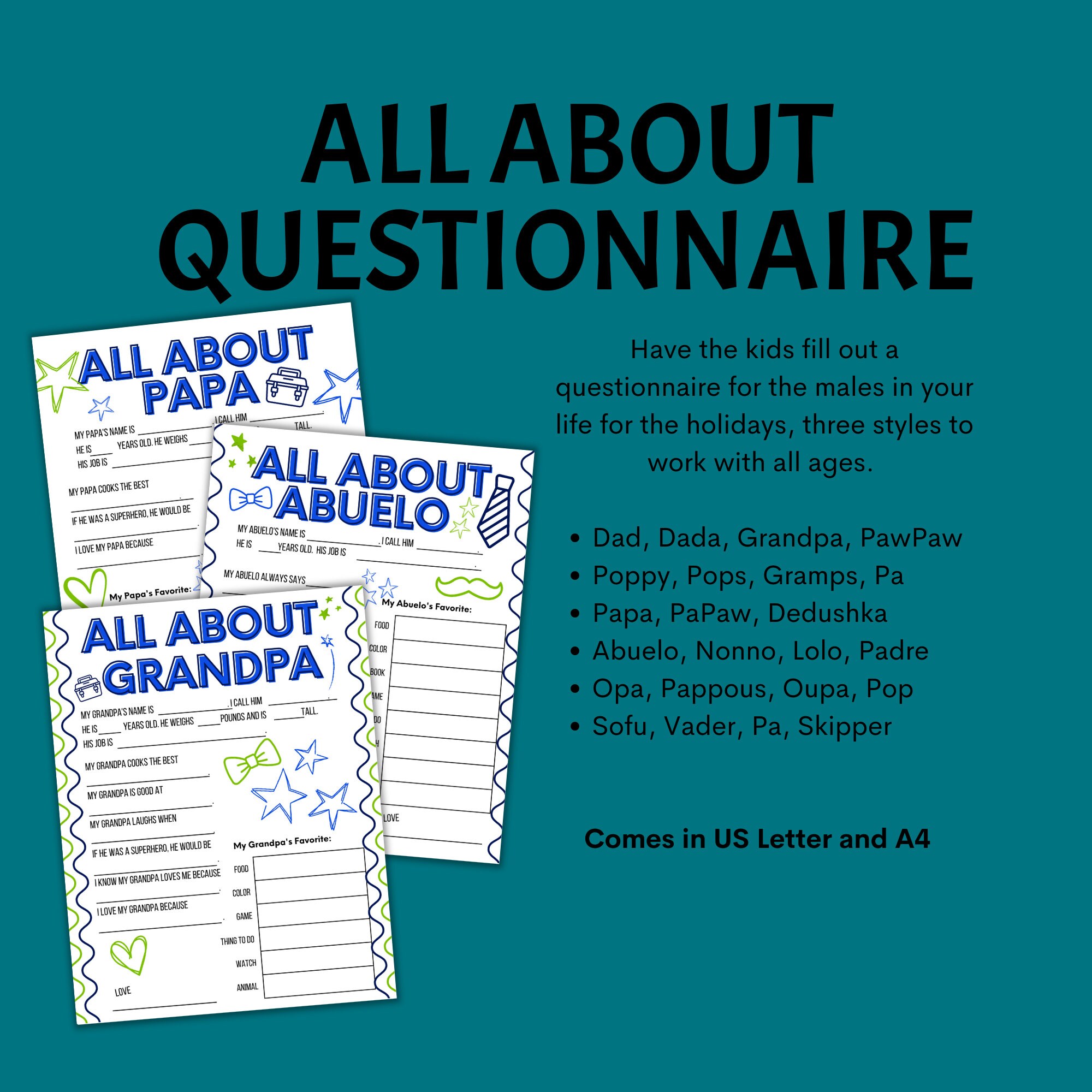 All About Dad Questionnaire Printable Fill in the Blank Printable for ...