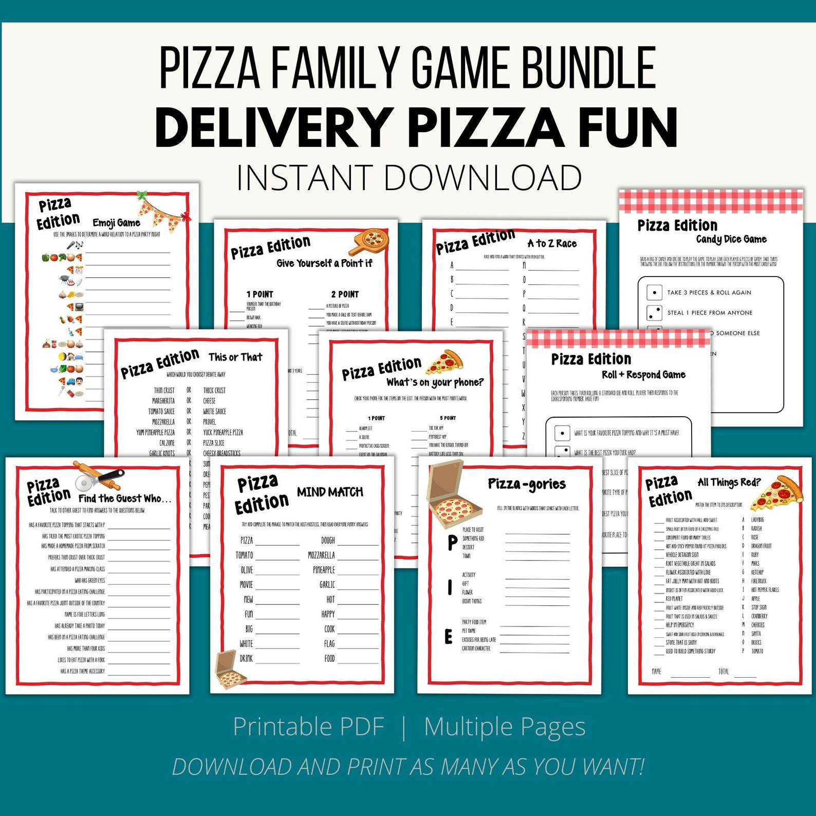 Pizza Time Game Bundle, 40 Family Pizza Night Themed Games Kids Adults ...