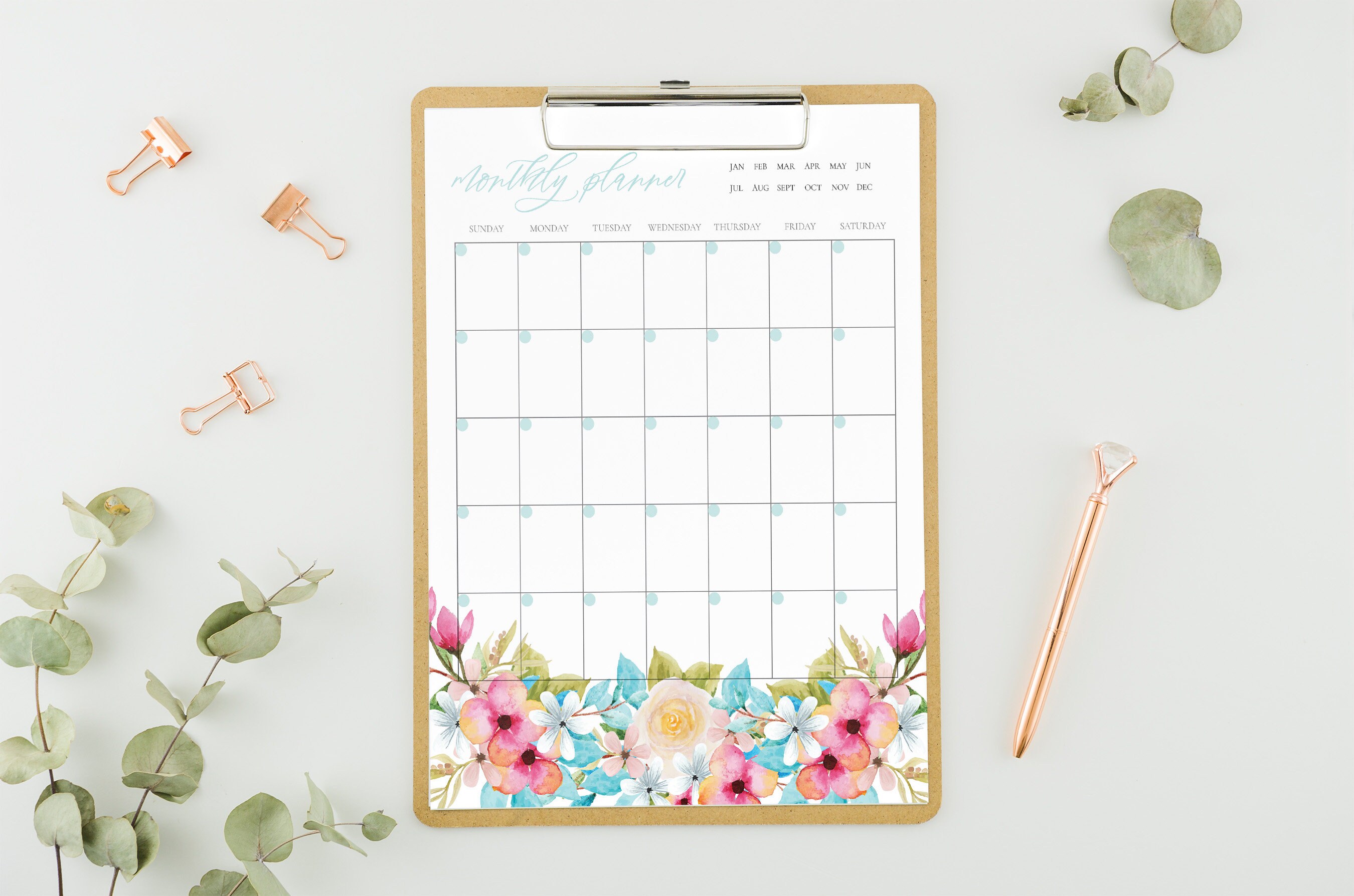 Undated Monthly Planner - Blank Printable Monthly Floral Calendar- A4 ...