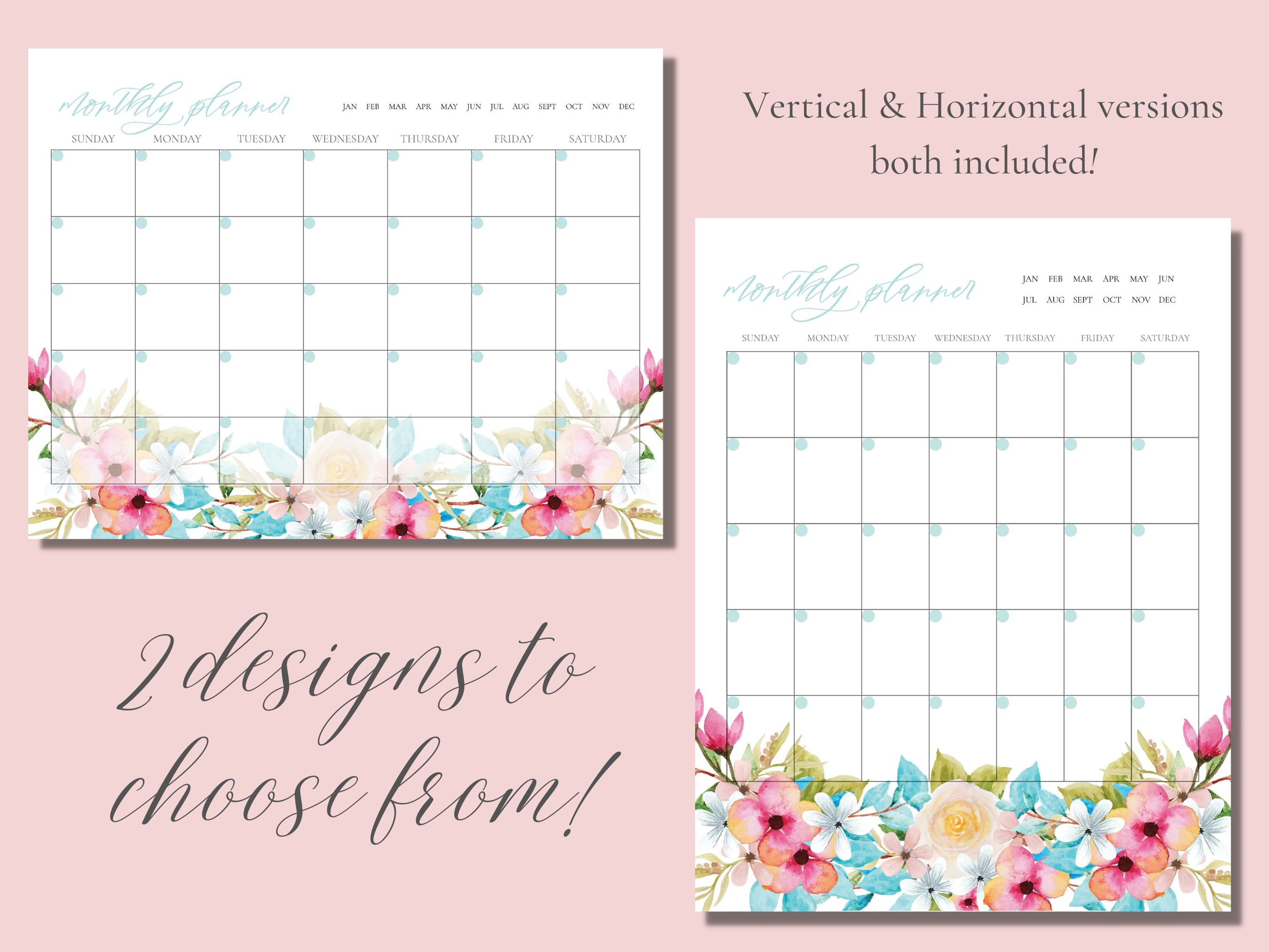 Undated Monthly Planner - Blank Printable Monthly Floral Calendar- A4 ...