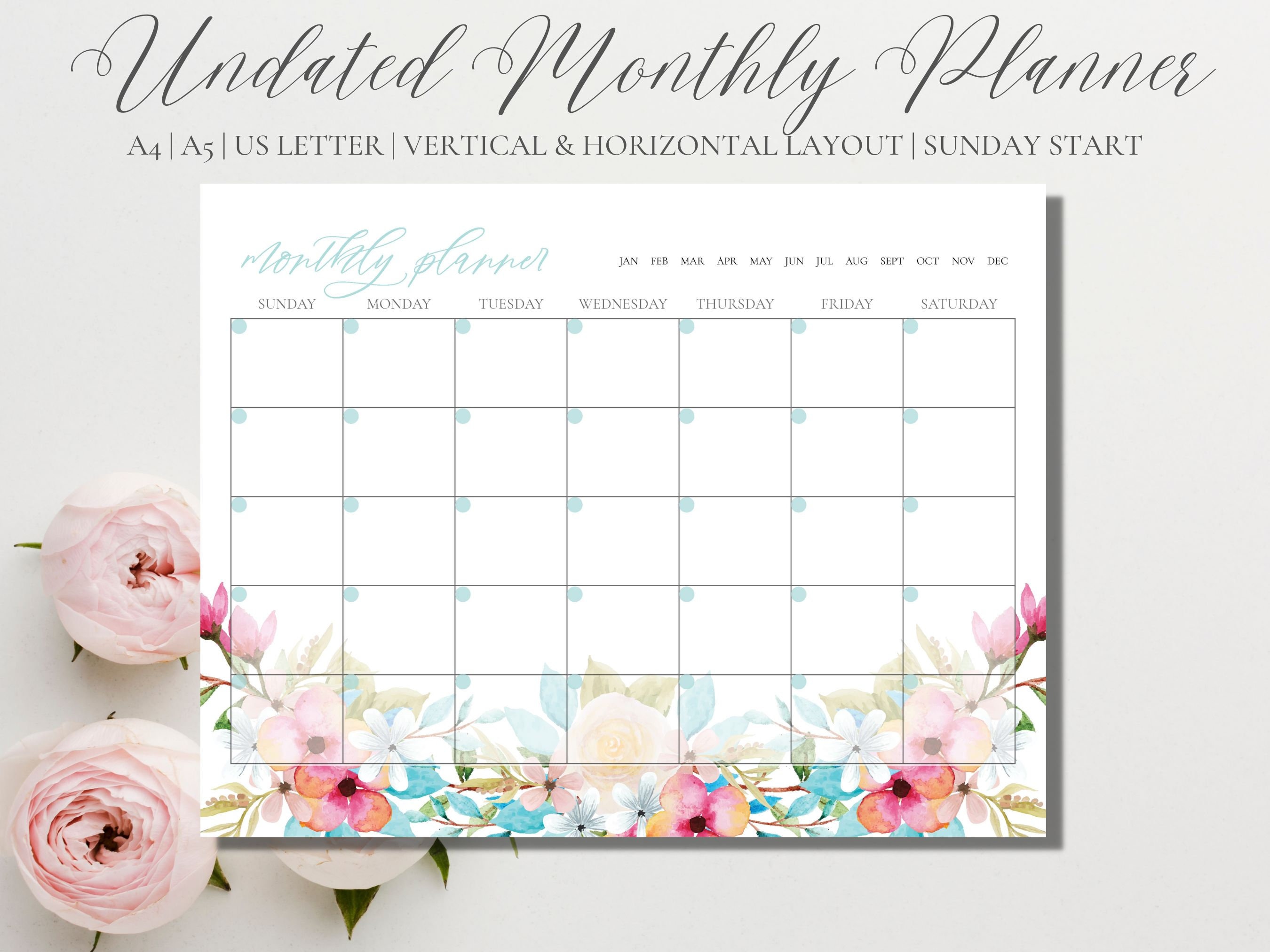 Undated Monthly Planner - Blank Printable Monthly Floral Calendar- A4 ...